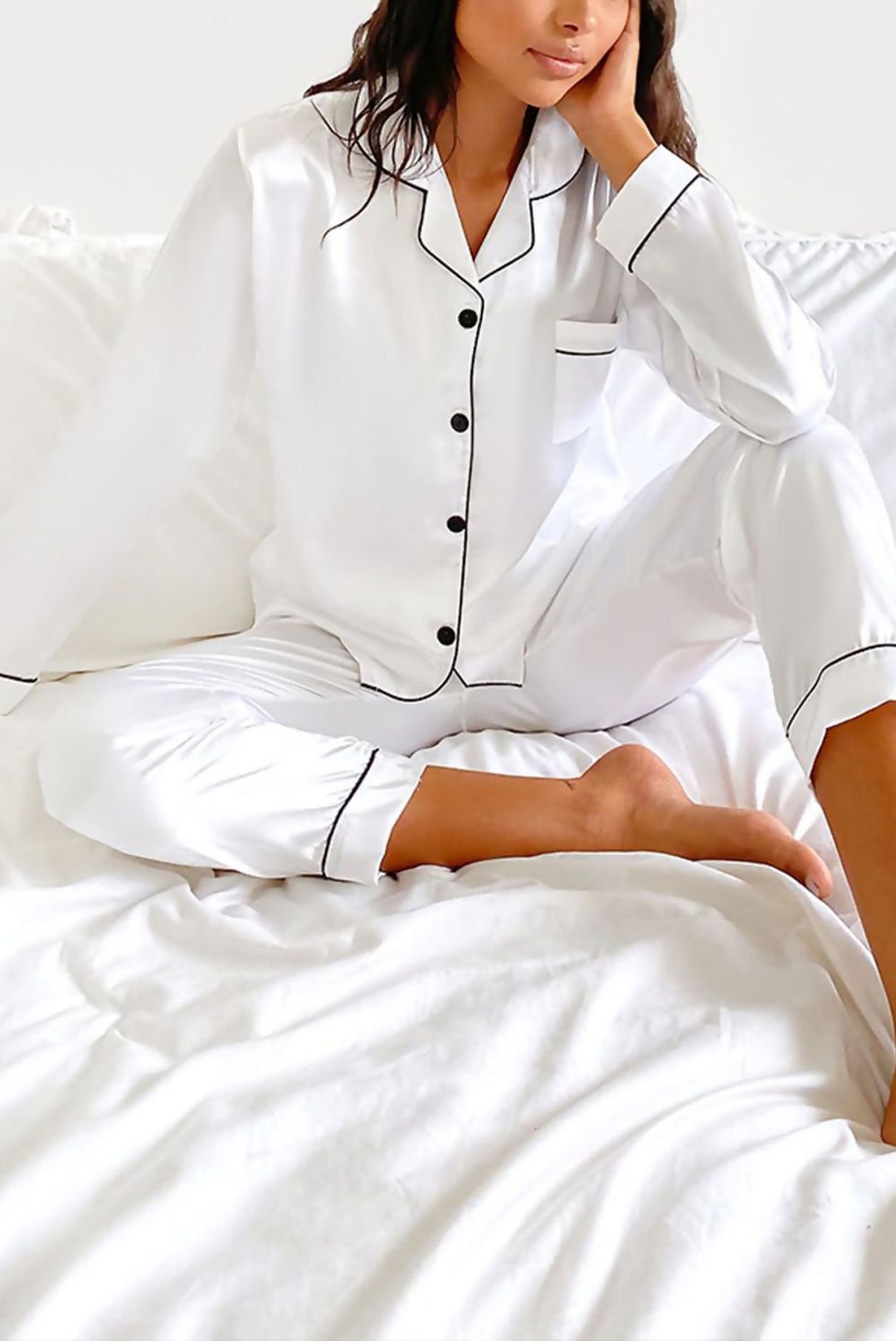 White Piping Detail Long Sleeve Satin Pyjama Set Pyjamas Femme Luxe UK ...