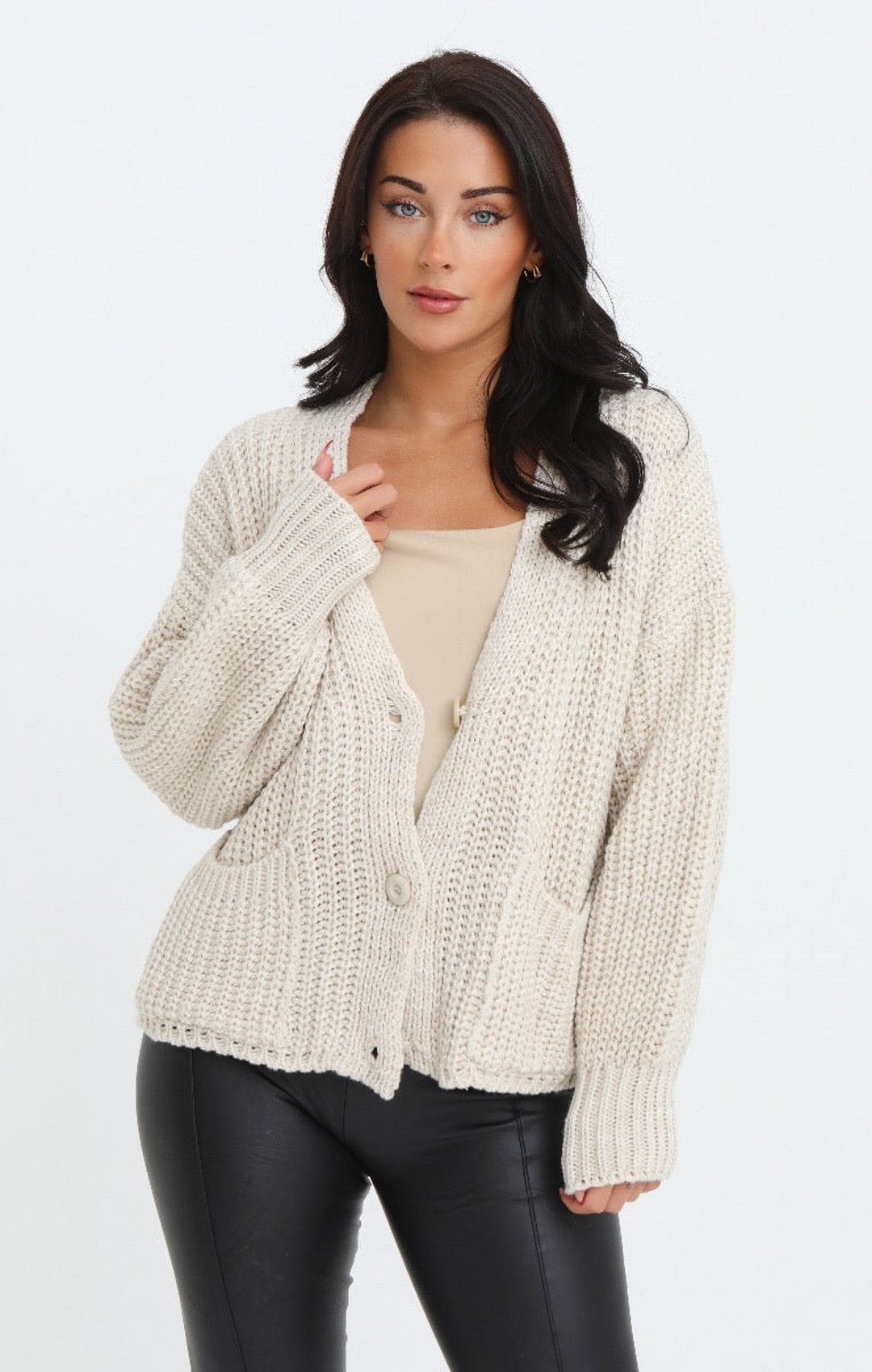 Cream Button Front Cable Detail Balloon Sleeve Pocket Detail Chunky ...