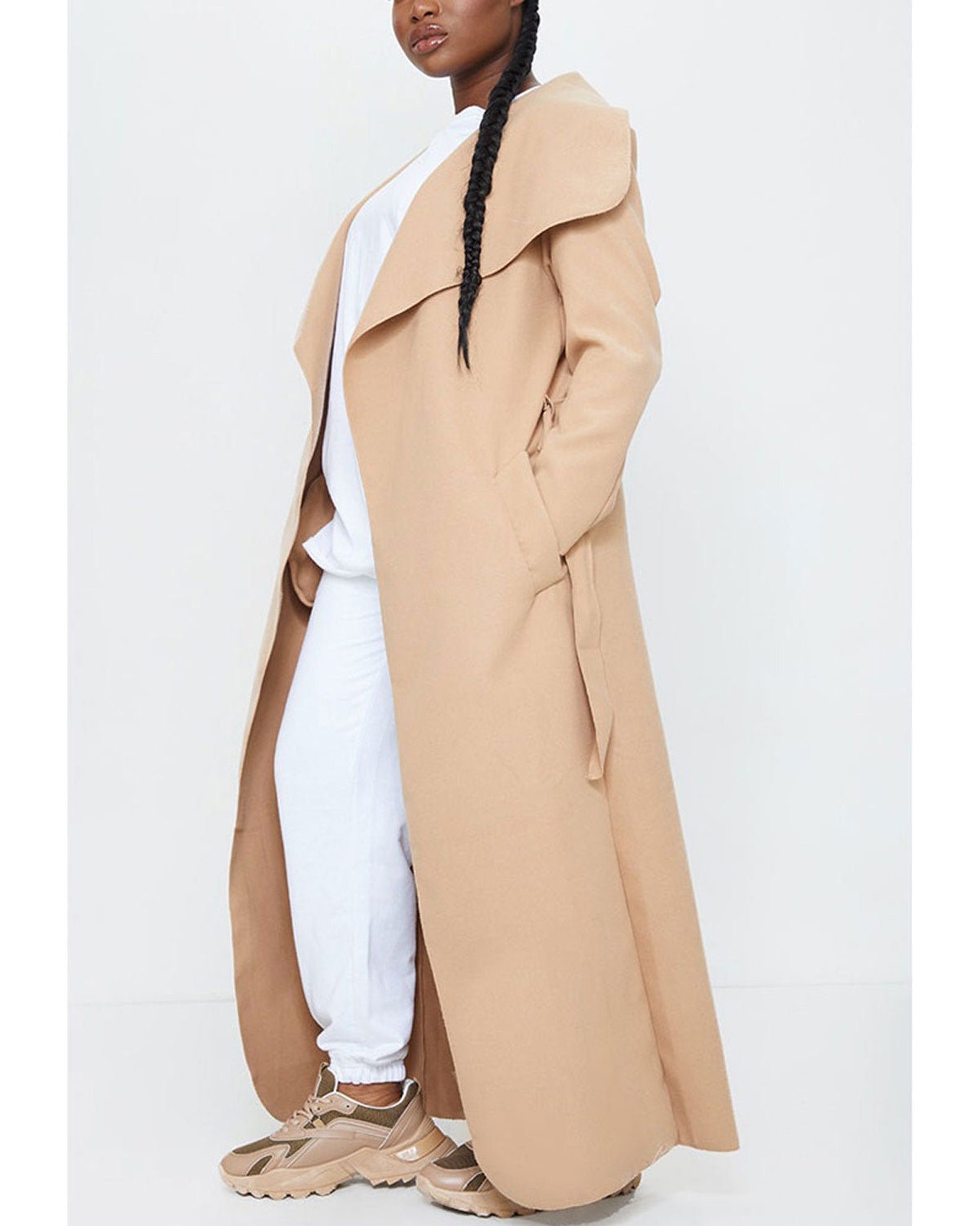 Camel Maxi Length Oversized Waterfall Belted Coat Duster Coat Femme ...