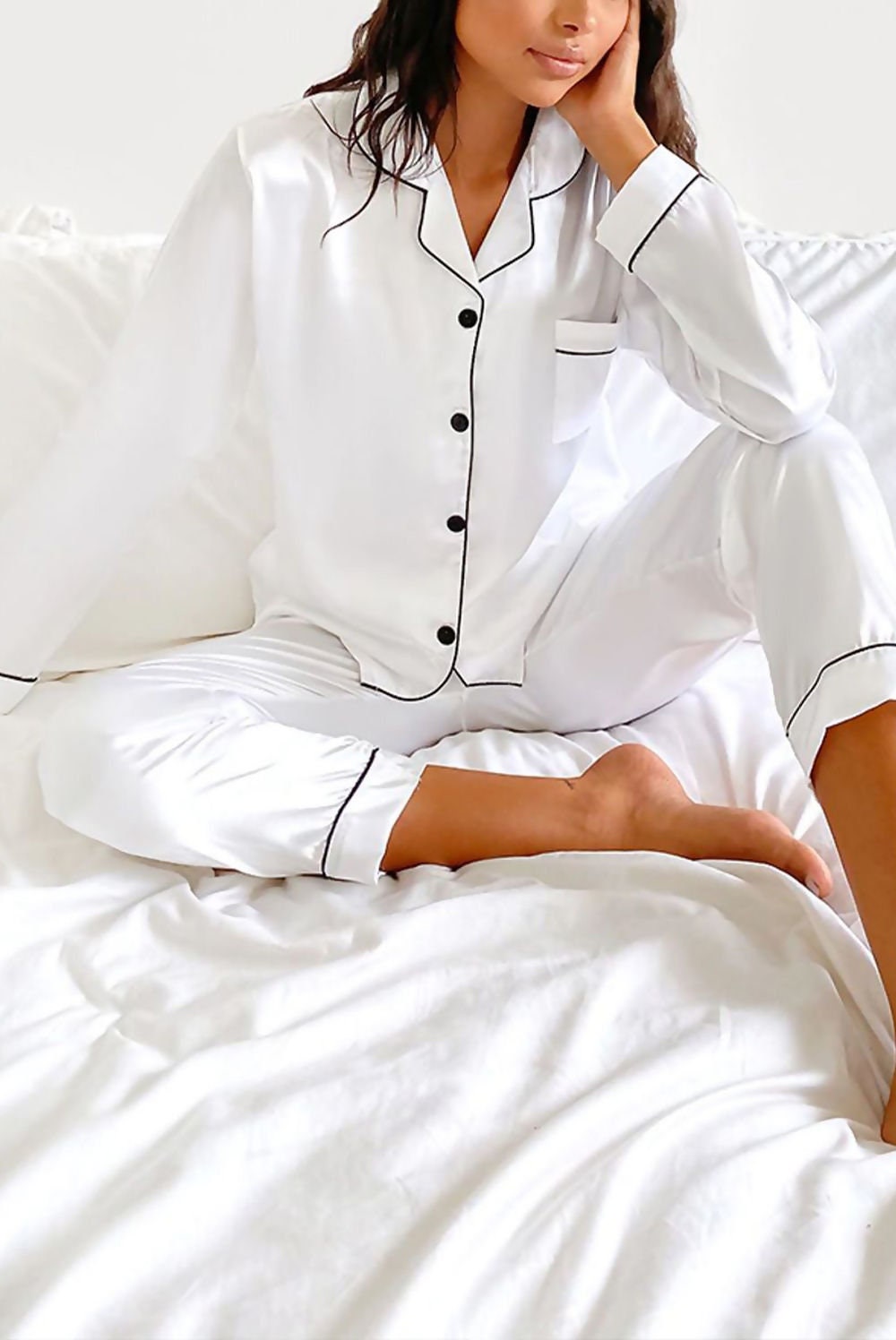 White Piping Detail Long Sleeve Satin Pyjama Set Pyjamas Femme Luxe UK ...