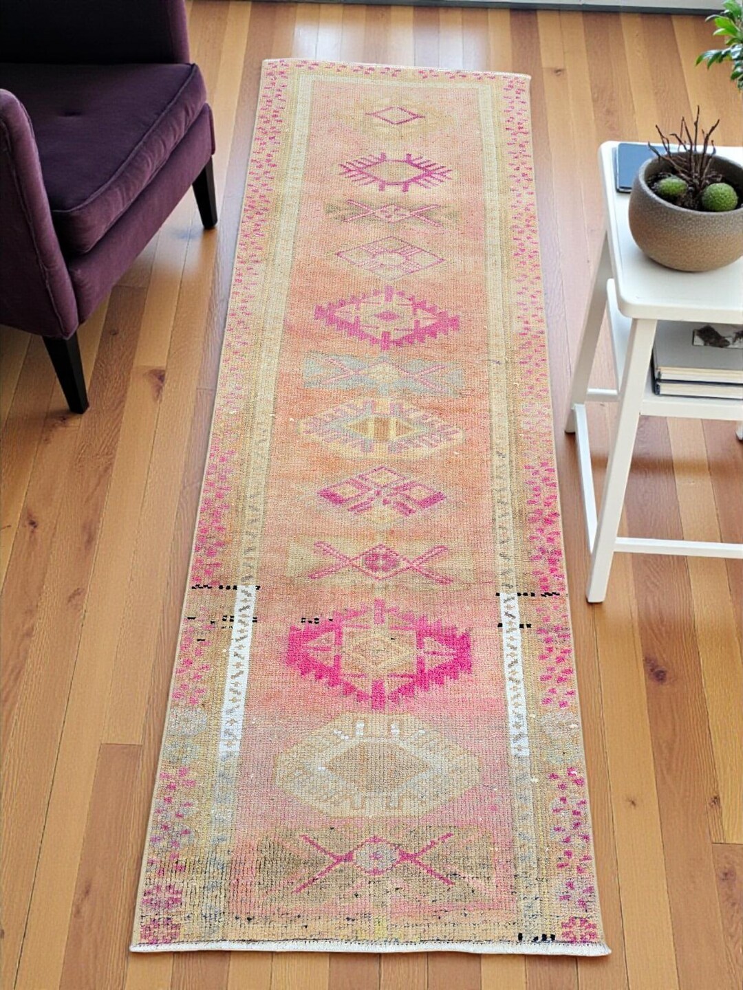 Handmade Faded Pink Turkish Wool Runner Rug: Boho Geometric Hallway ...