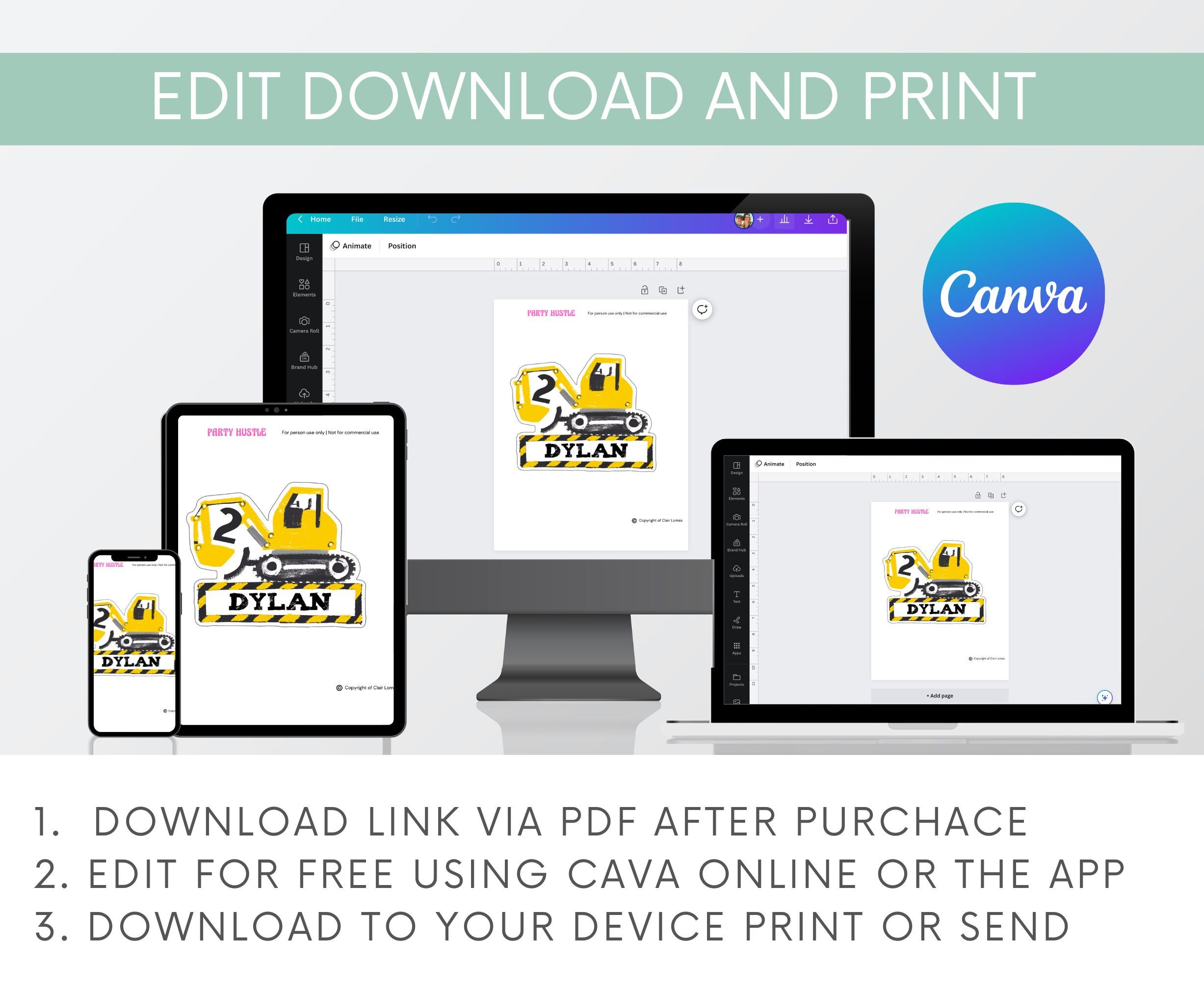 Editable Boys Construction Cake Topper | Printable Digger Birthday Cake ...