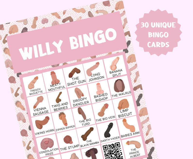 Willy Bingo | Printable Bachelorette Party Bingo | Rude Hen Party Game ...