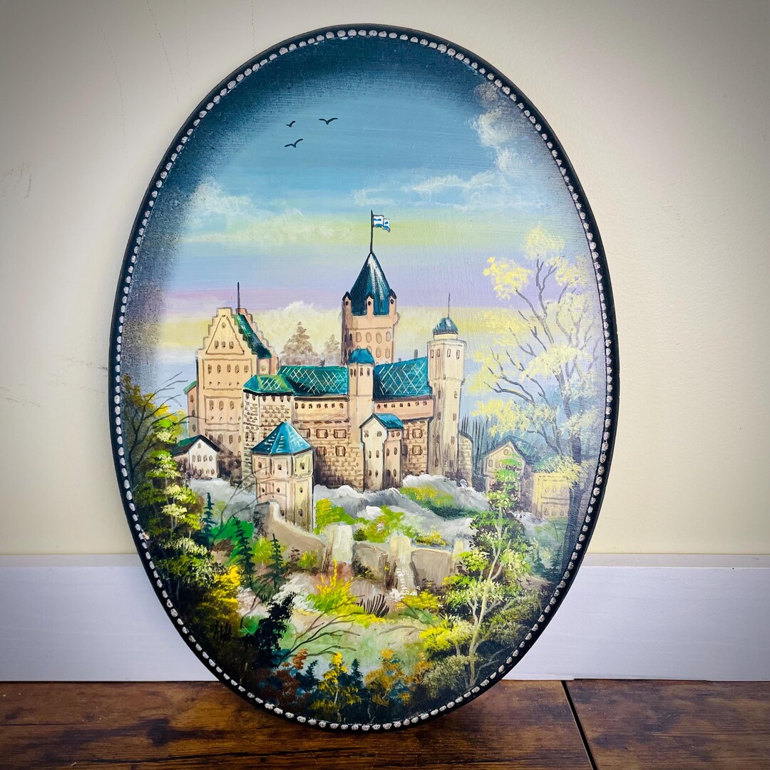 Vintage Handpainted Burg Stahleck German Castle Oval Wood Panel Rhein ...