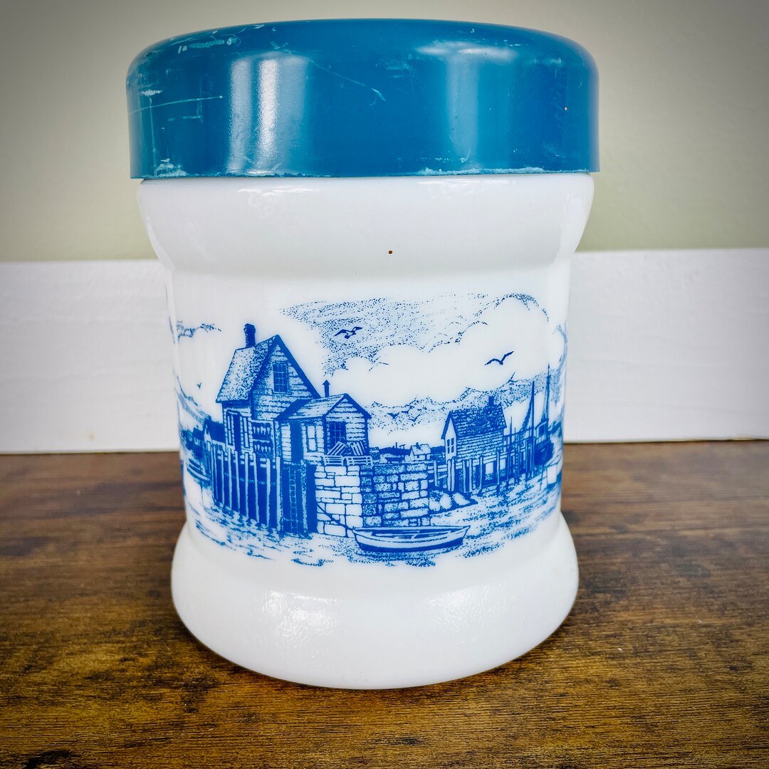 Vintage Milk Glass Blue Lighthouse Fishing Village Humidor Canister - Etsy