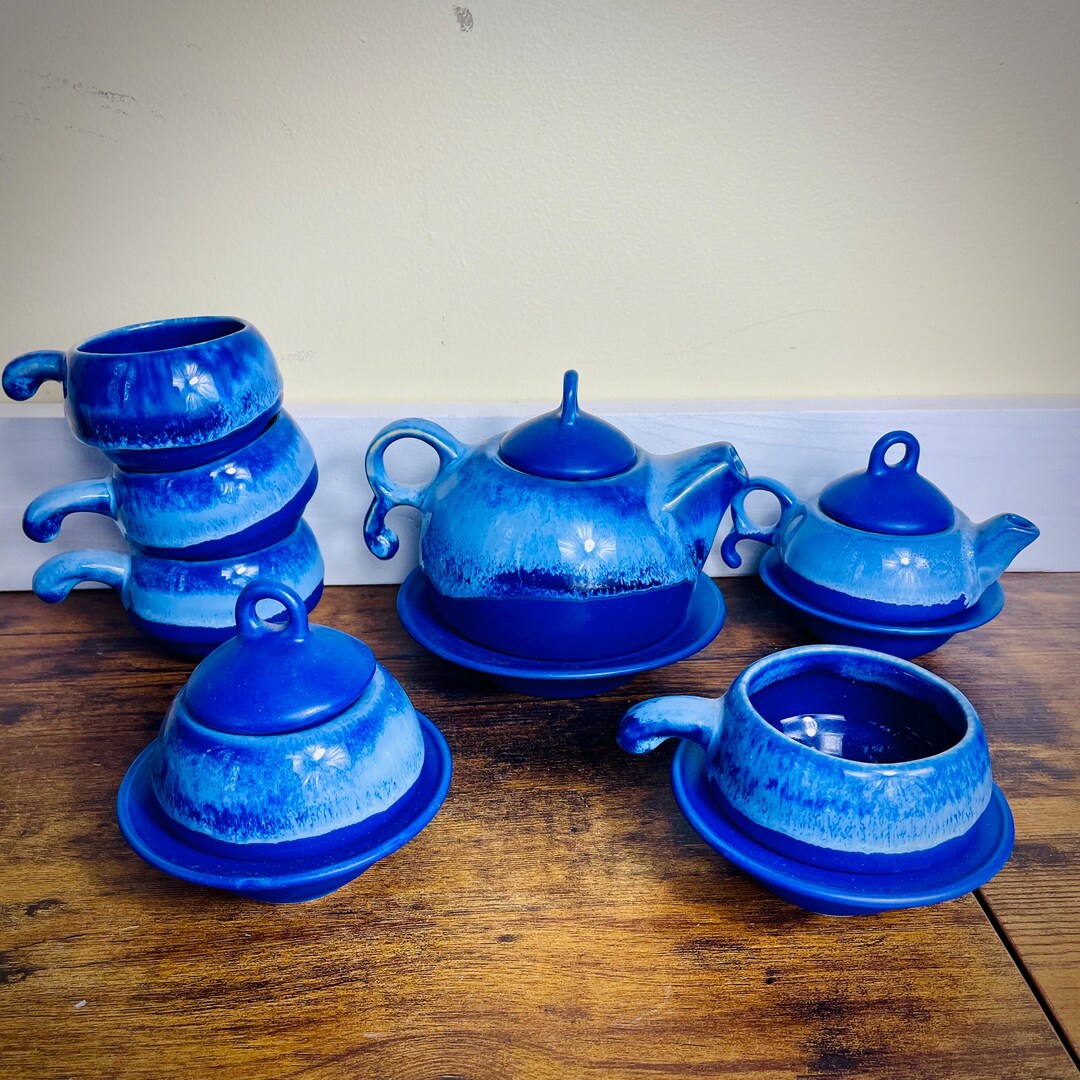 Vintage Blue Ceramic Tea Set - Etsy