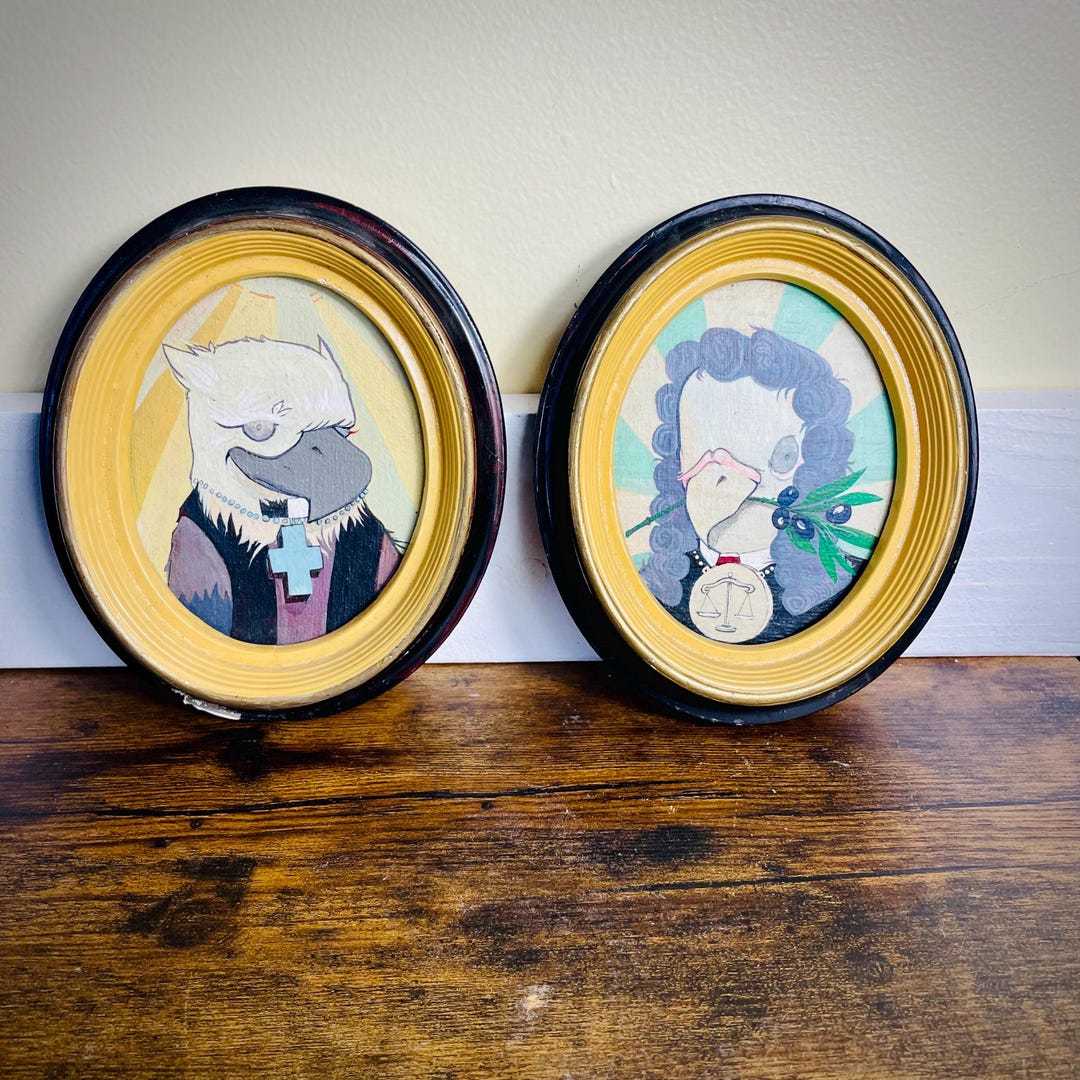 Cute Vintage Oval Cartoon Bird Paintings Priest Judge Birds of a ...