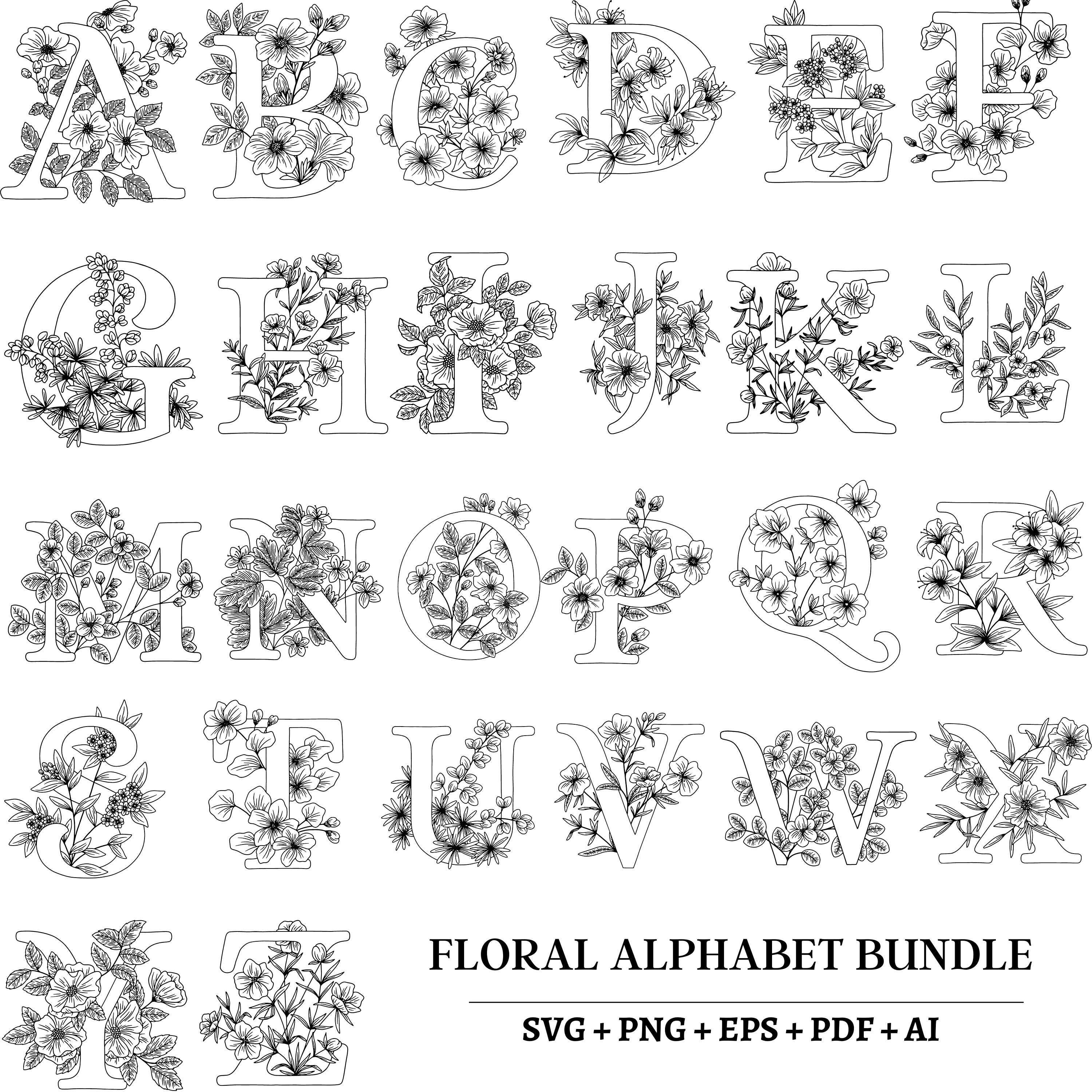 Floral Alphabets SVG, Flower Monogram Frame Alphabet, Floral Letters ...