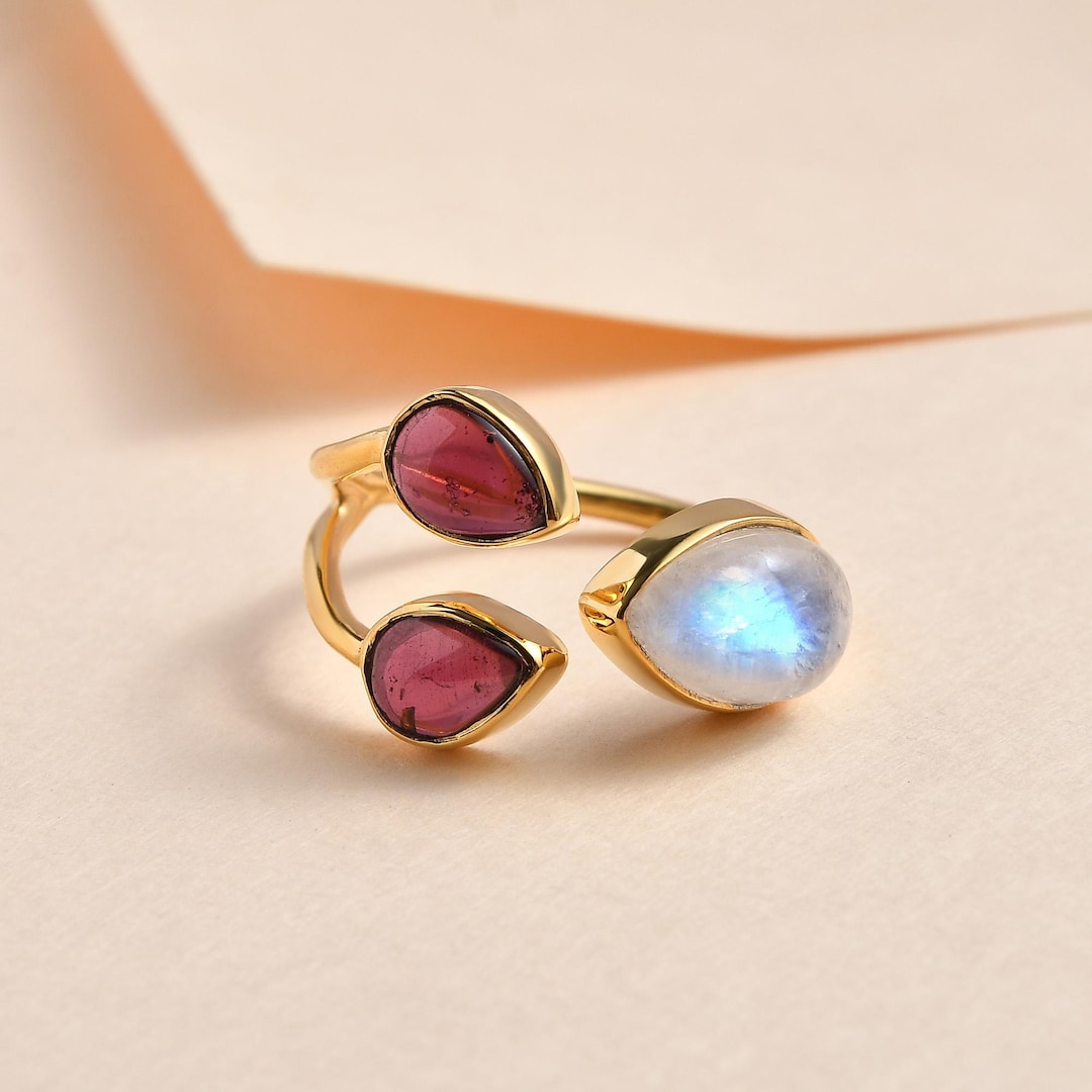 Moonstone and Red Garnet Ring • Adjustable Open Statement Ring • Gold ...