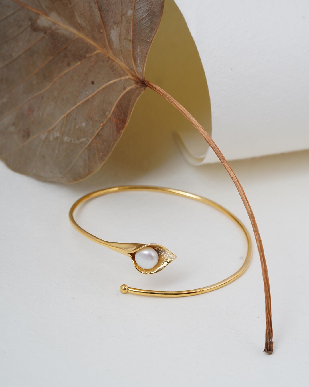 Freshwater Pearl Calla Lily Bangle, 18k Gold Plated Cuff Bracelet, Gift ...