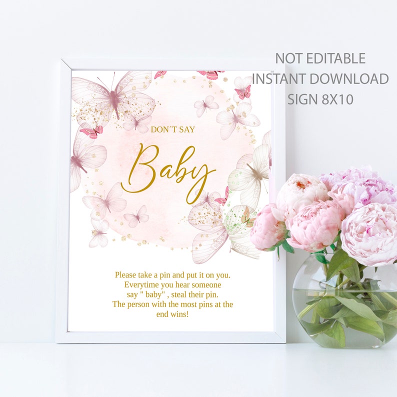 Don't Say Baby Game Sign, Pink Butterfly Baby Shower Game Sign, Baby ...