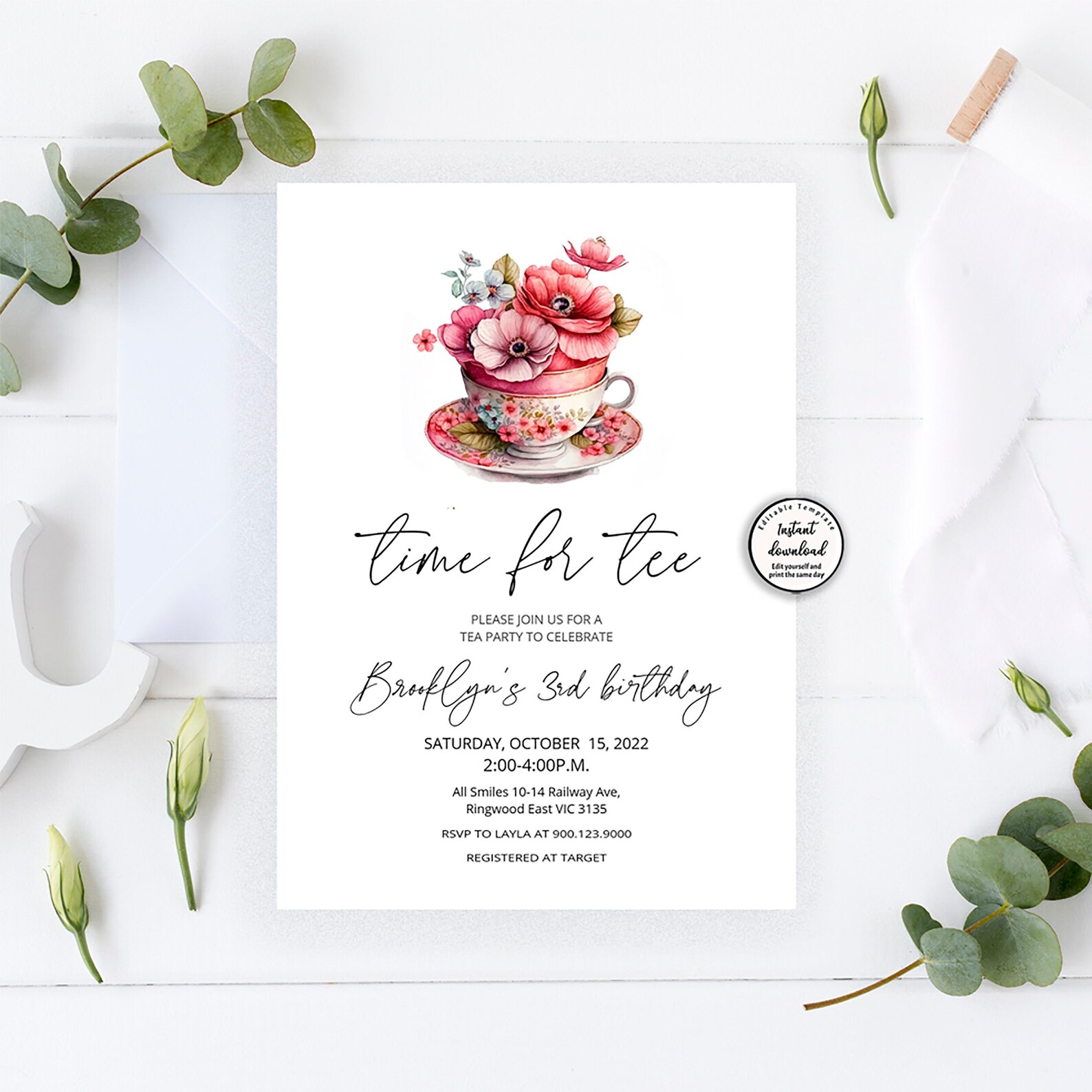 Editable Tea Party Birthday Invitation, Tea for Two Girl Tea Party ...