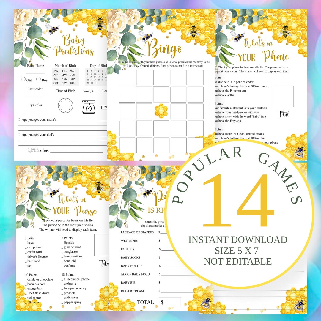 Bee Baby Shower Games, Honey Bee Games Pack, Printable Baby Shower Game ...