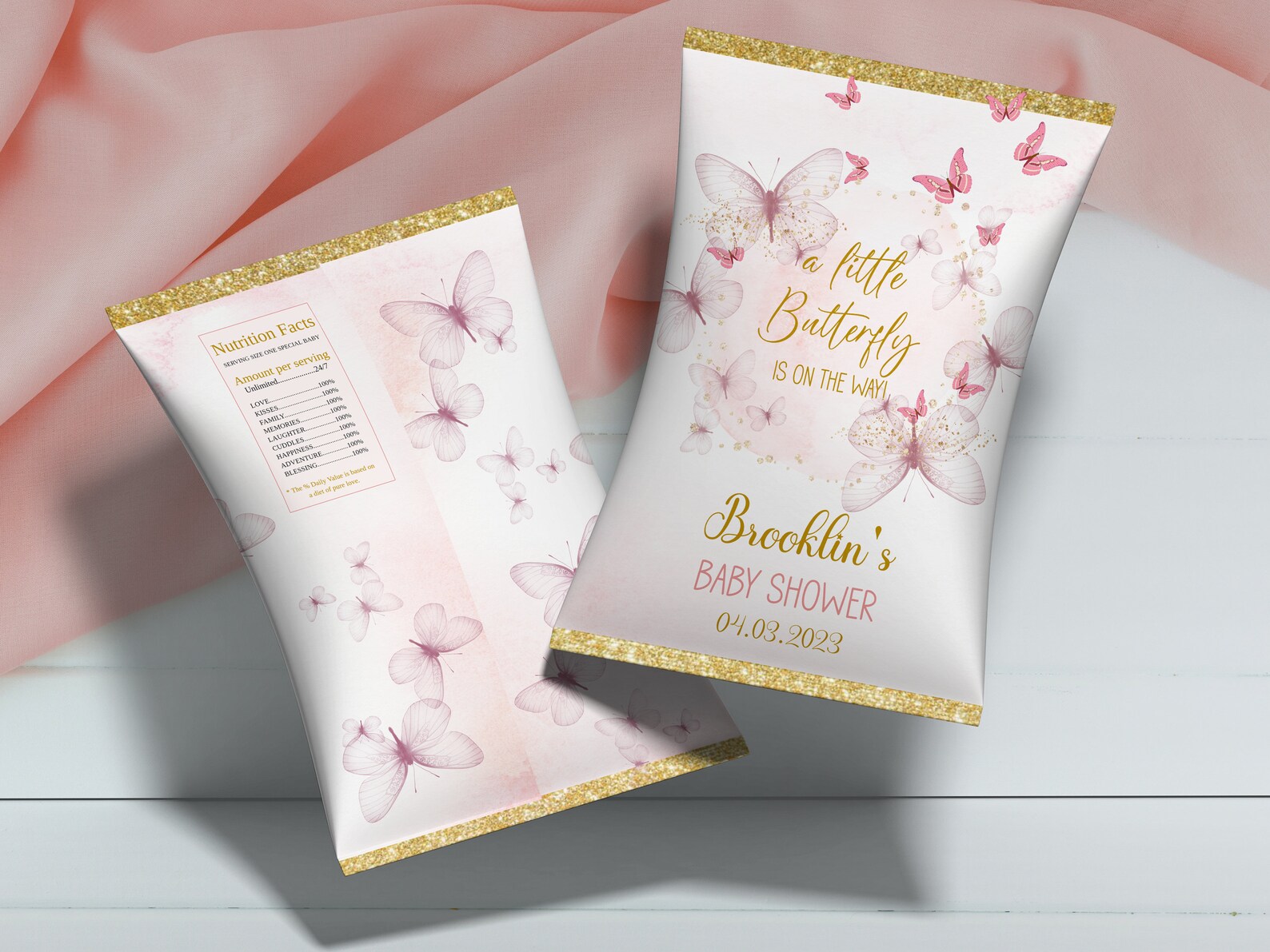 Editable Butterfly Chip Bags Watercolor, Pink Gold Butterfly Birthday ...