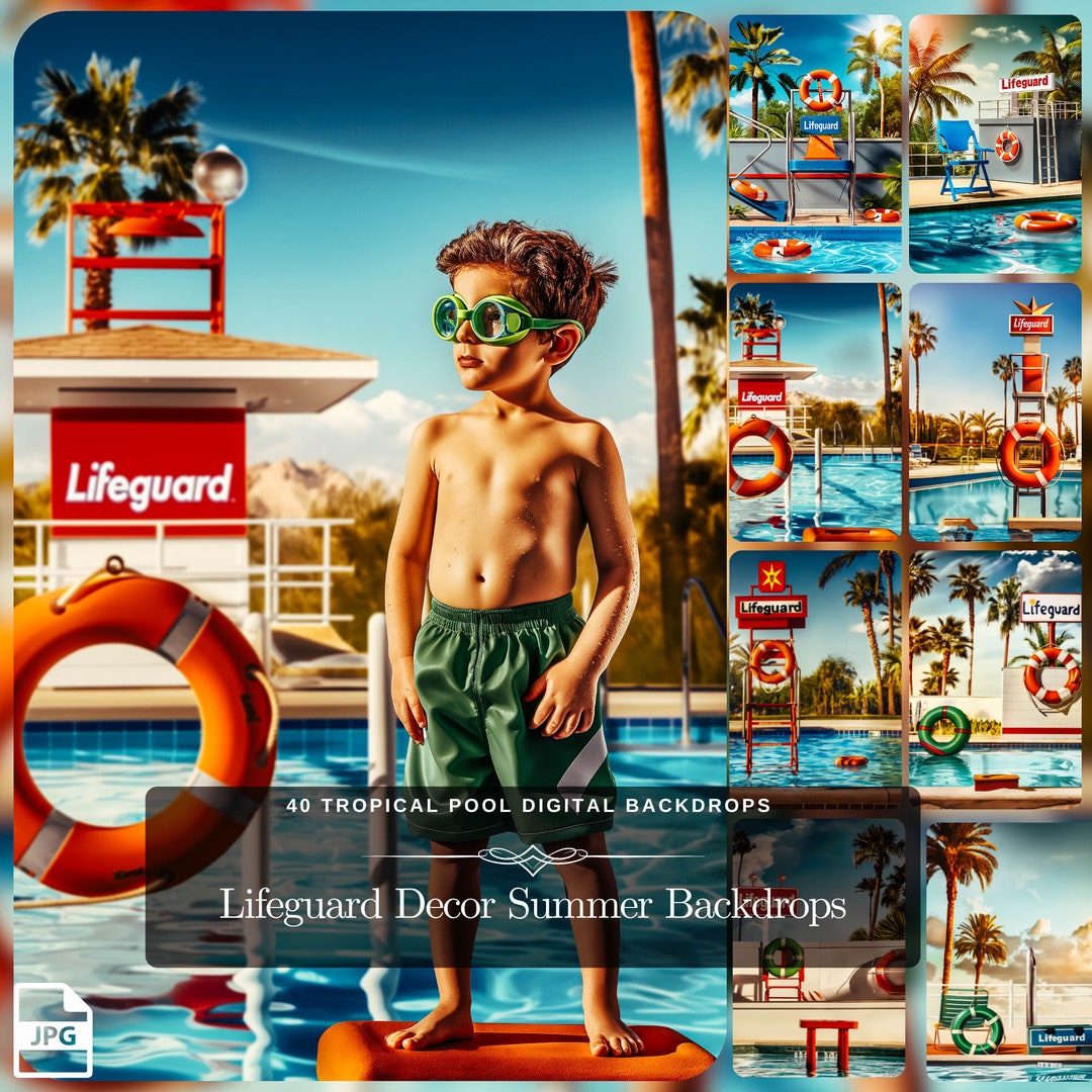 Lifeguard Decor Summer Backdrop: 40 Tropical Pool Digital Backdrop With ...
