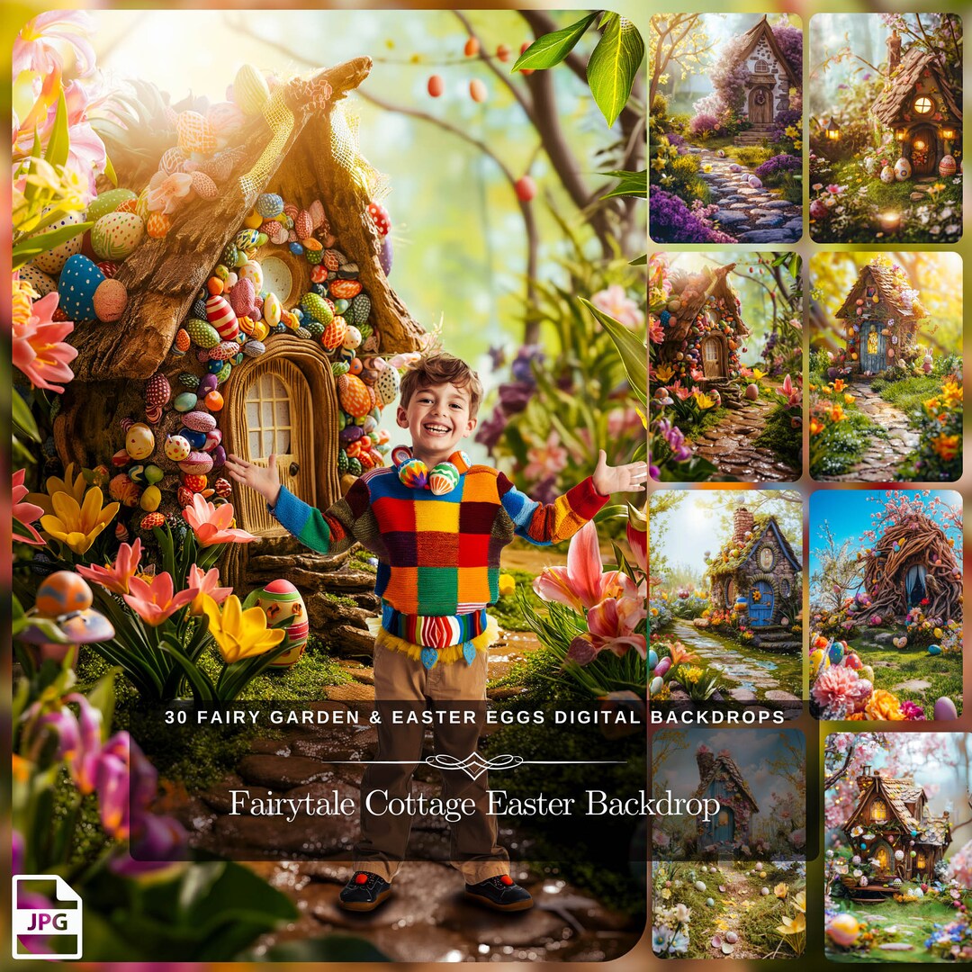 Fairytale Cottage Easter Backdrop: 30 Fairy Garden & Easter Eggs ...