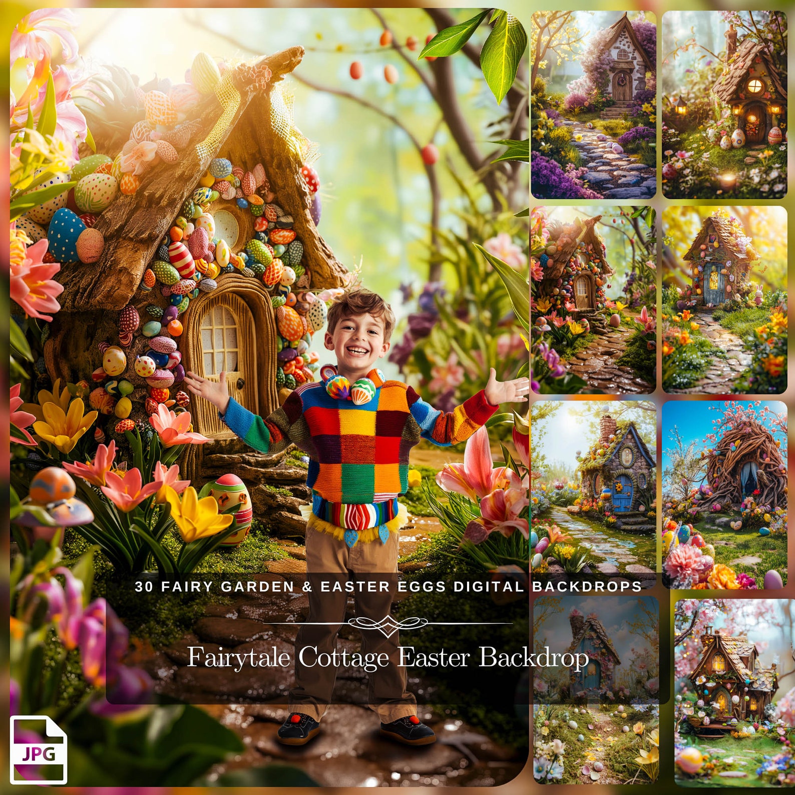 Fairytale Cottage Easter Backdrop: 30 Fairy Garden & Easter Eggs ...