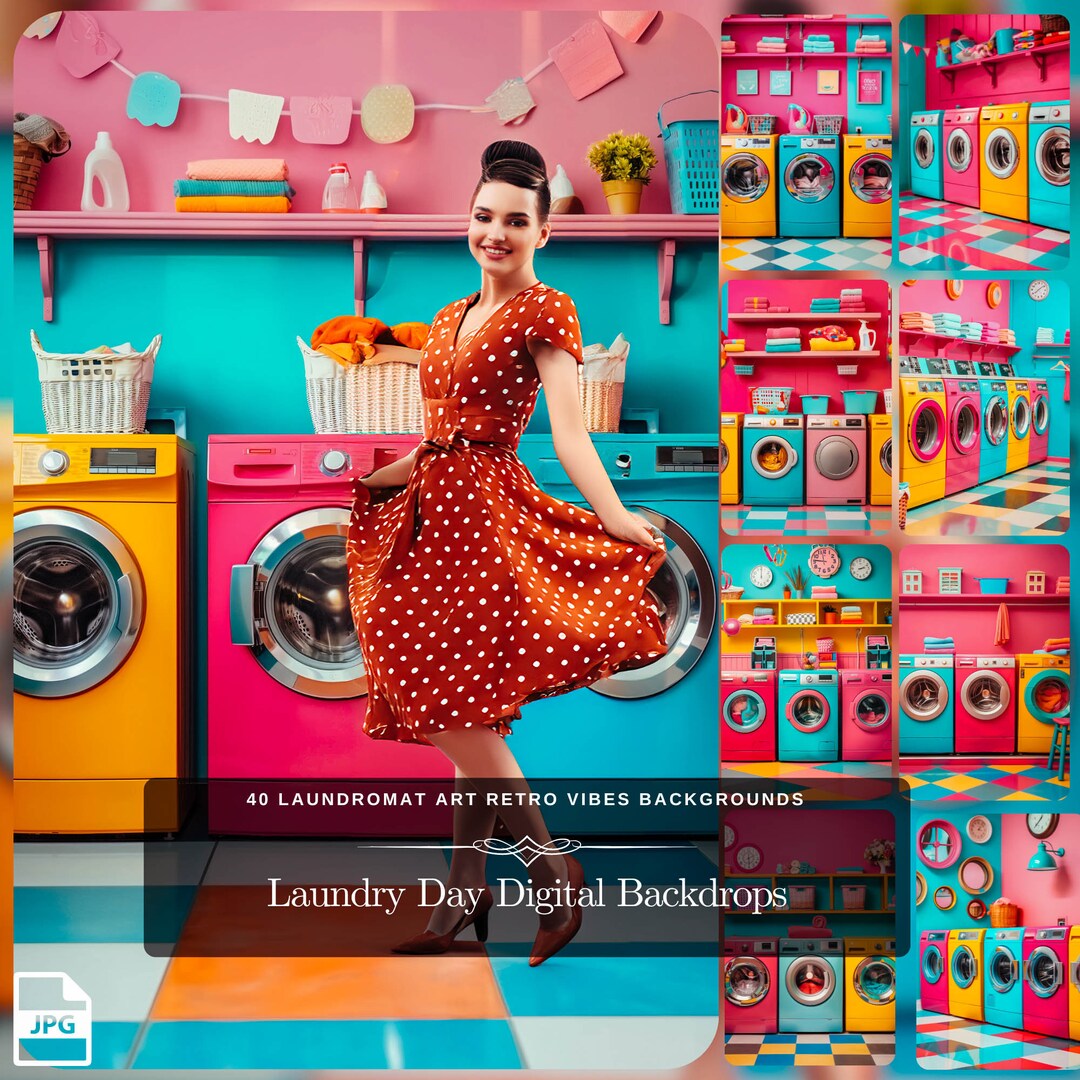 Laundry Day Digital Backdrops: 40 Laundromat Art Retro Vibes Colorful ...