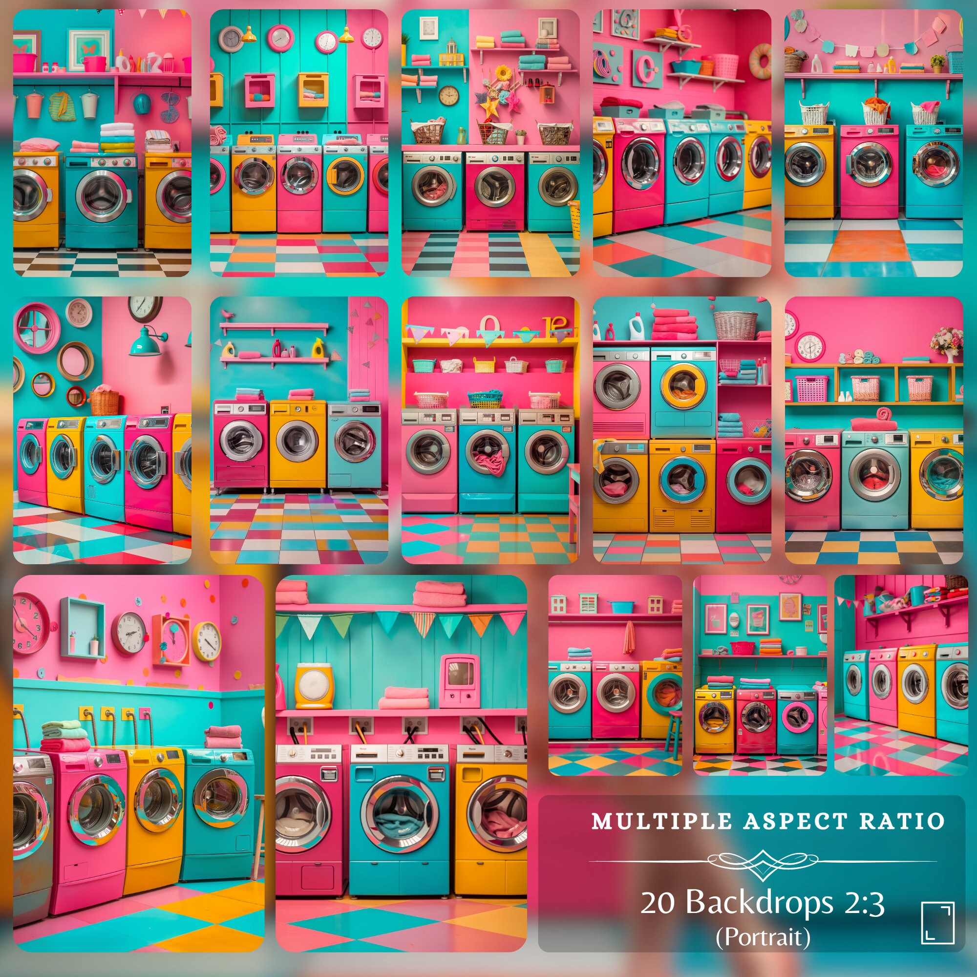 Laundry Day Digital Backdrops: 40 Laundromat Art Retro Vibes Colorful ...