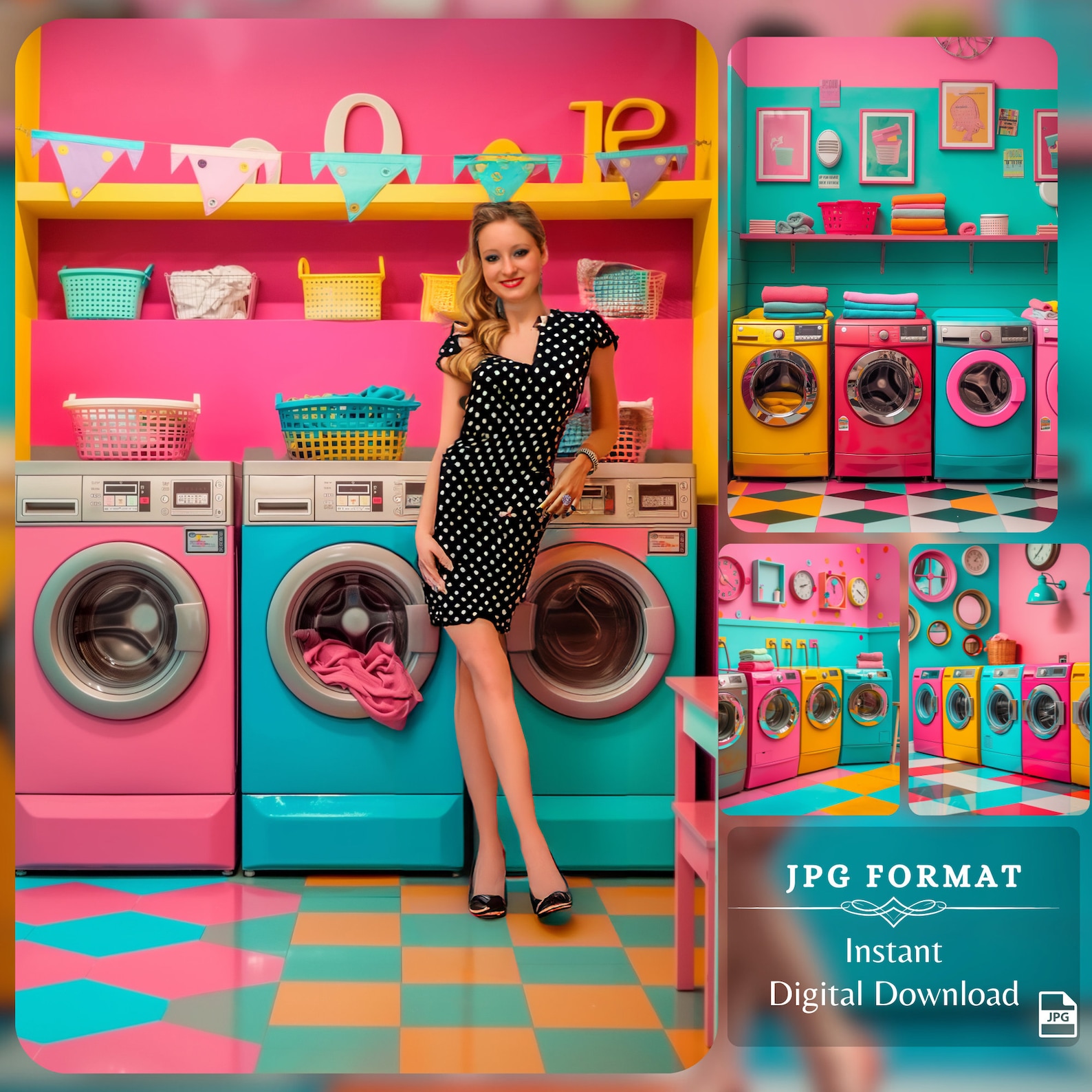 Laundry Day Digital Backdrops: 40 Laundromat Art Retro Vibes Colorful ...