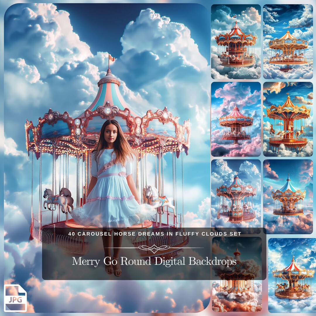 Merry Go Round Digital Backdrops: 40 Carousel Horse Dreams in Fluffy ...