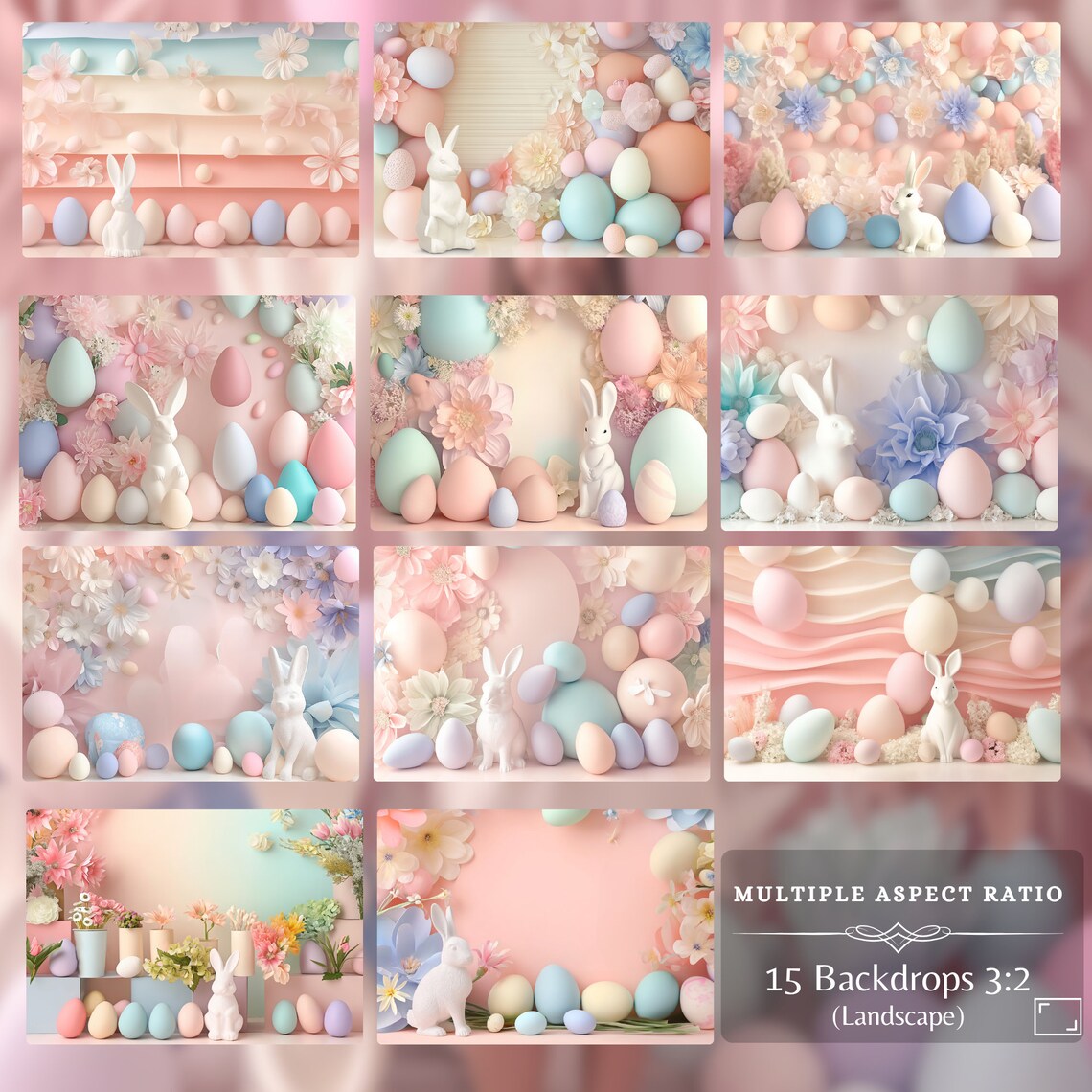 Happy Easter Bunny Photo Digital Backdrop: 30 Pastel Floral Egg ...