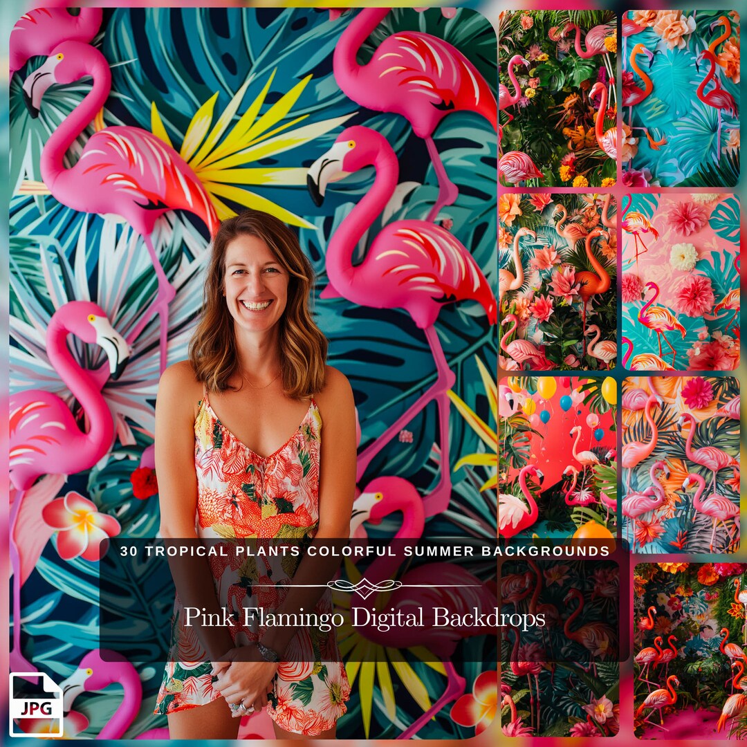 Pink Flamingo Digital Backdrops: 30 Tropical Plants Colorful Summer ...