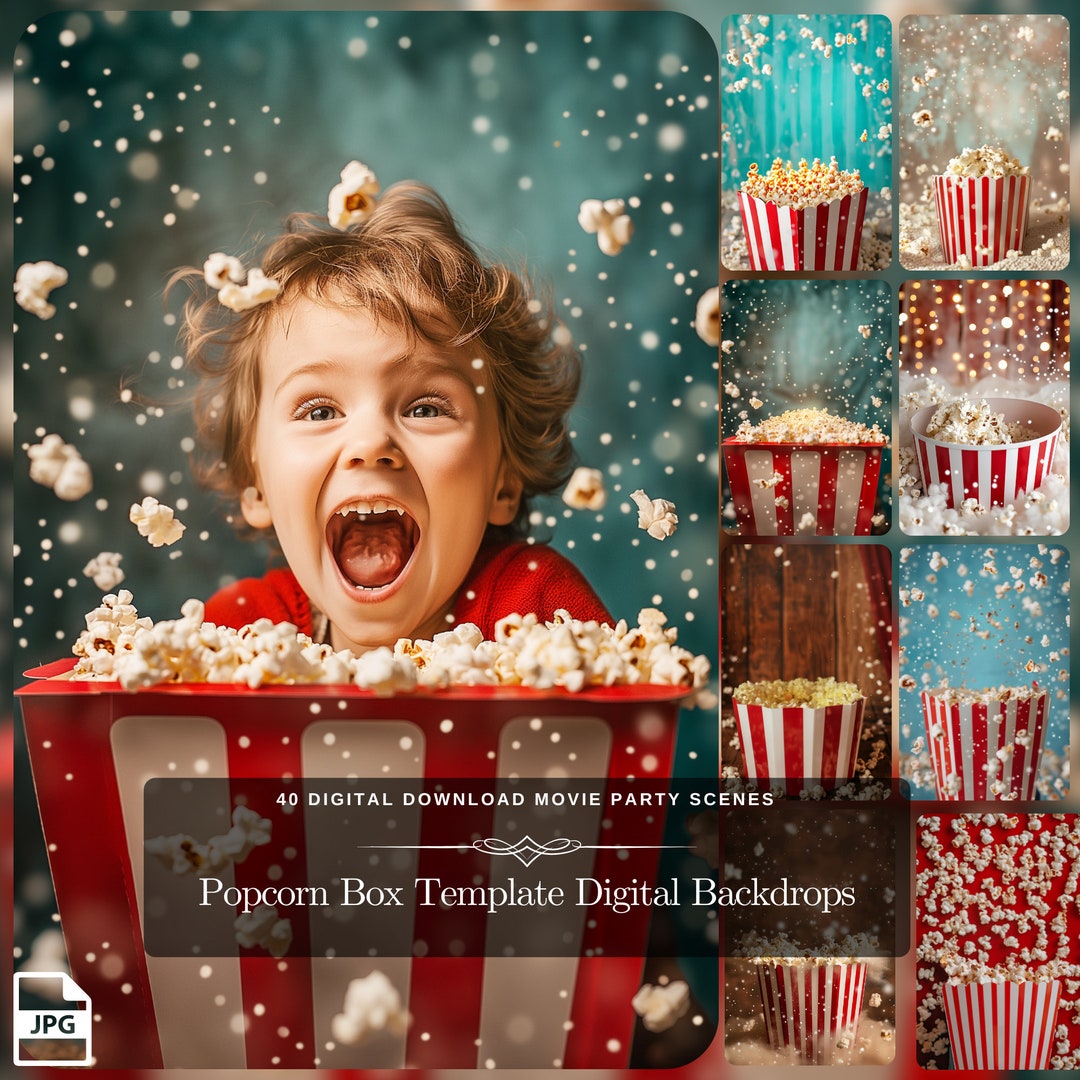 Popcorn Box Template Digital Backdrops: 40 Digital Download Movie Party ...