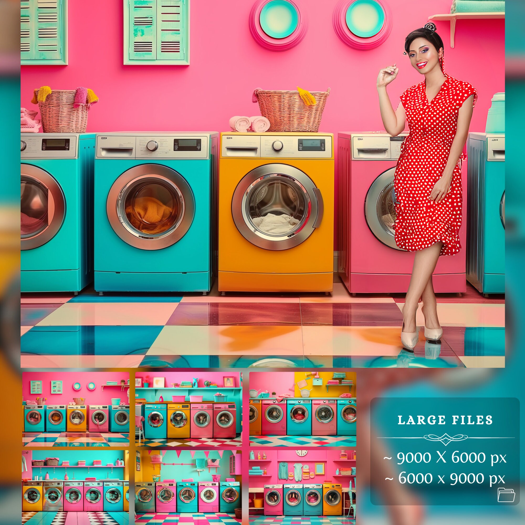 Laundry Day Digital Backdrops: 40 Laundromat Art Retro Vibes Colorful ...