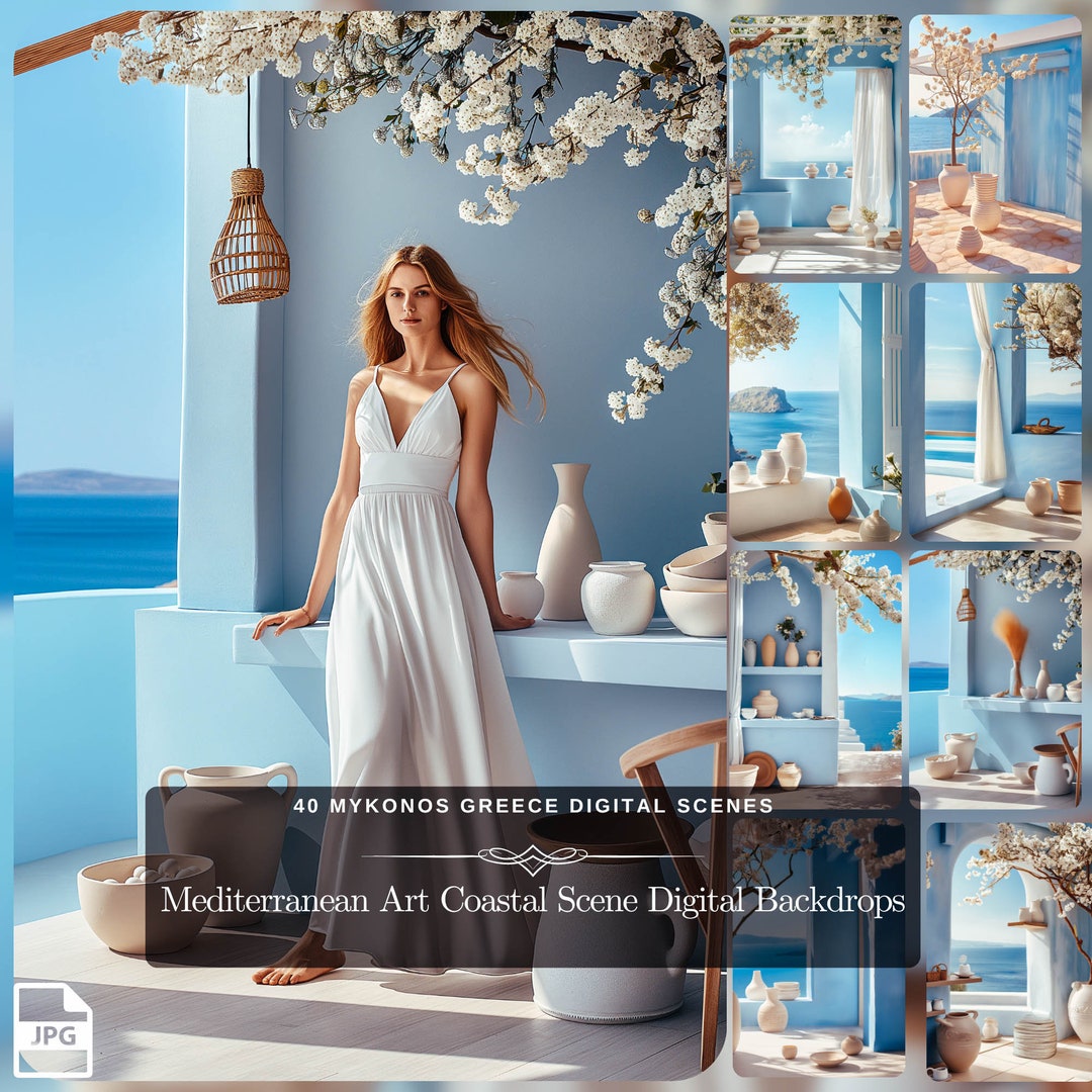 Mediterranean Art Coastal Scene Digital Backdrops: 40 Mykonos Greece ...