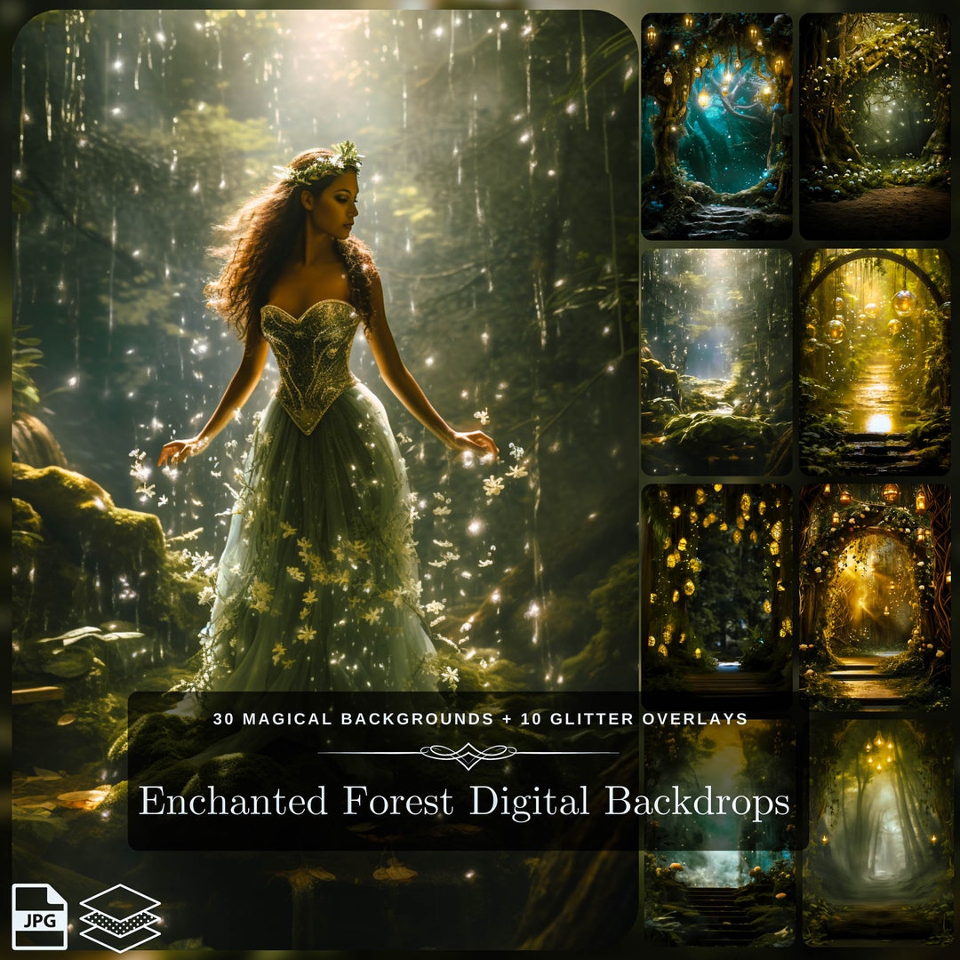 Enchanted Forest Backdrops With Glitter Overlays: 30 Backgrounds and 10 ...