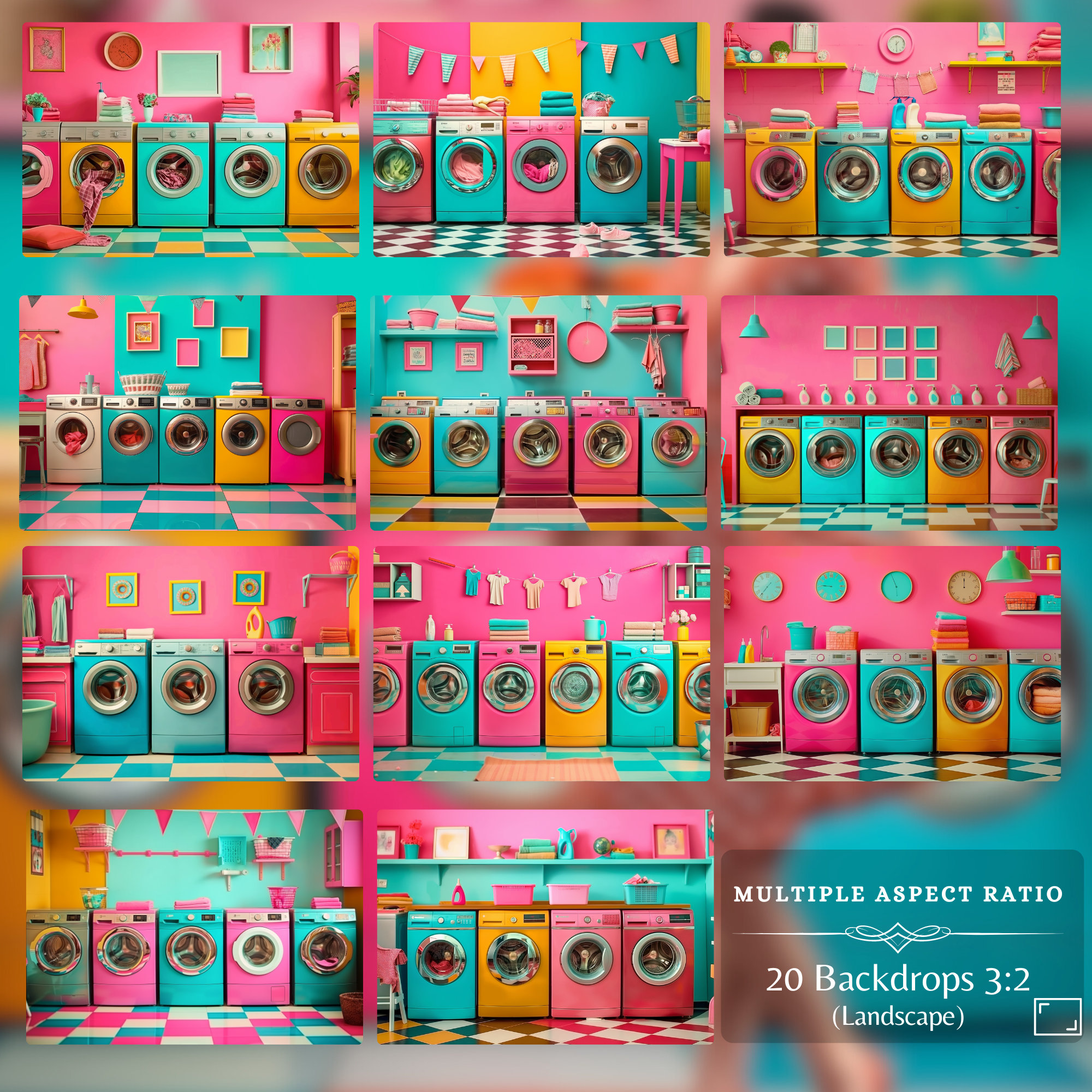 Laundry Day Digital Backdrops: 40 Laundromat Art Retro Vibes Colorful ...