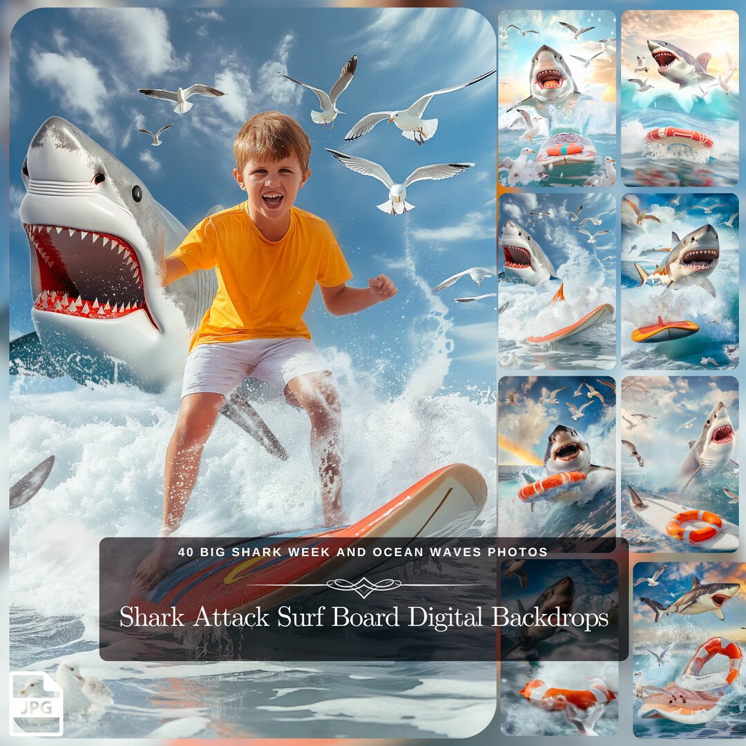 Shark Attack Surf Board Digital Backdrop: 40 Big Shark Week and Ocean ...