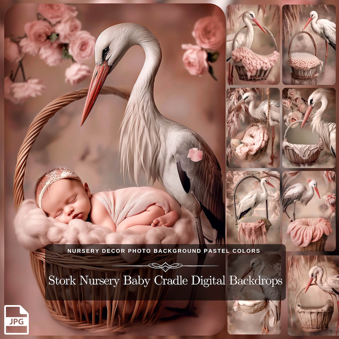 Stork Nursery Baby Cradle Digital Backdrops: 40 Nursery Decor Photo ...