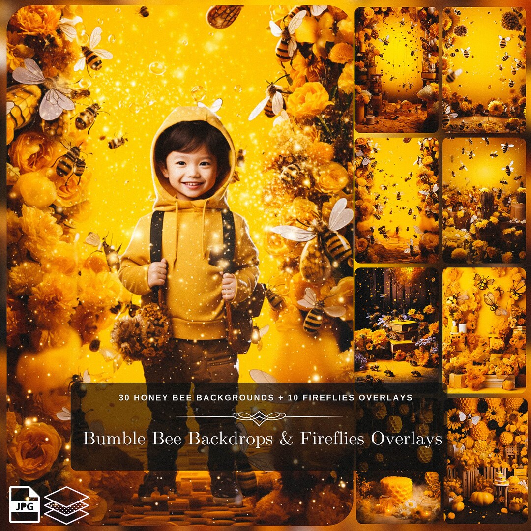 Bumble Bee Decor Backdrop: 30 Bee Backdrop and 10 Fireflies Overlays ...