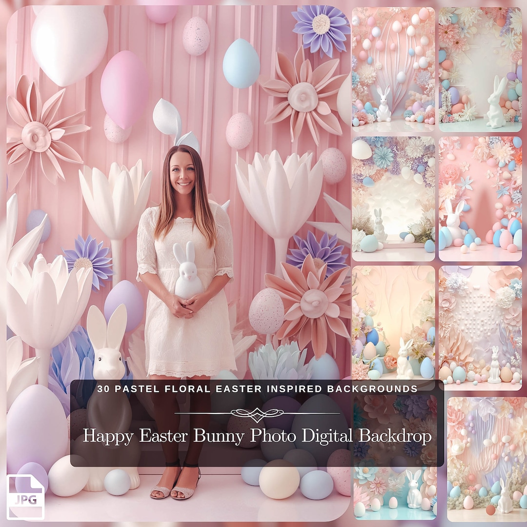Happy Easter Bunny Photo Digital Backdrop: 30 Pastel Floral Egg ...