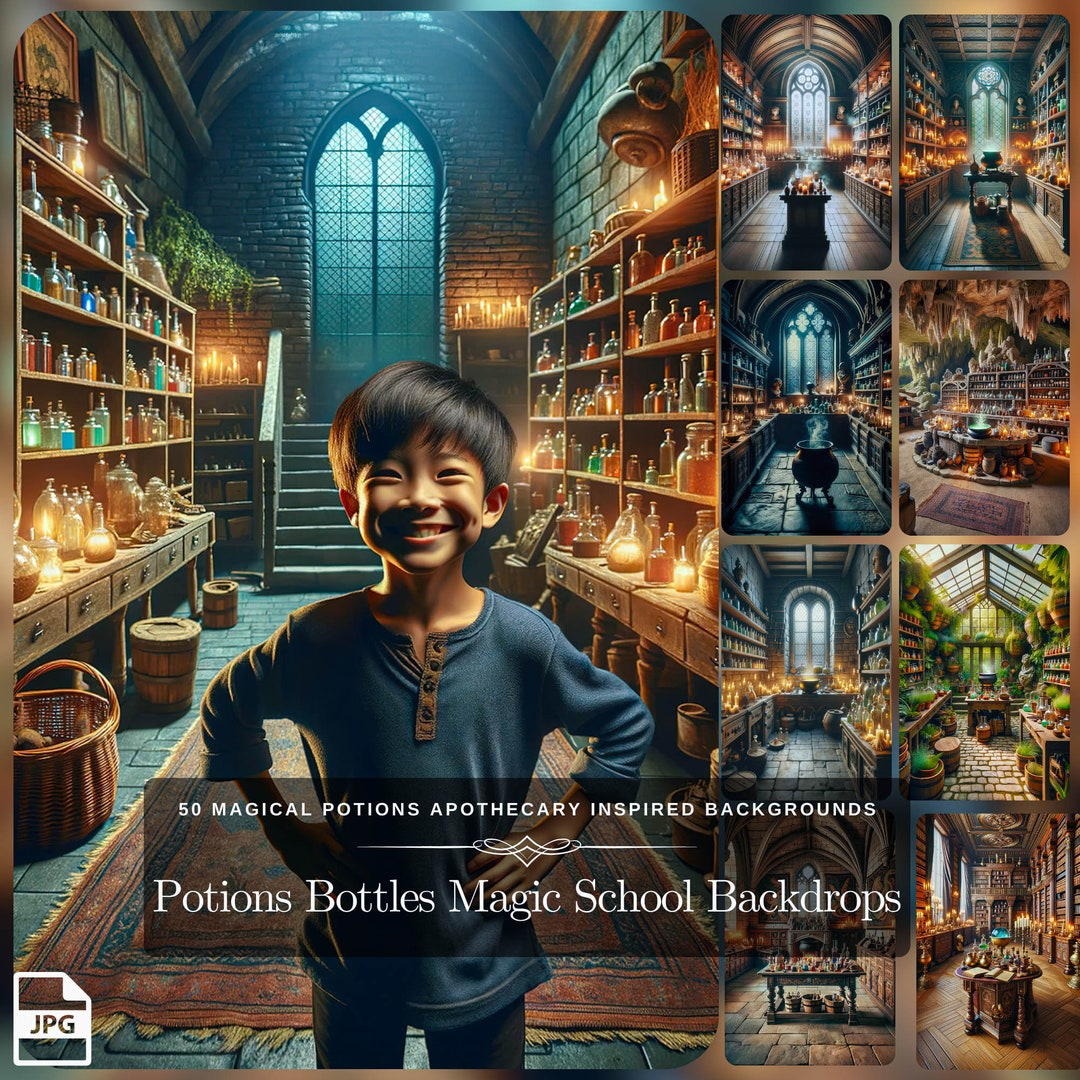 Potions Bottles Magic School Digital Backdrop: 50 Wizard Potions ...