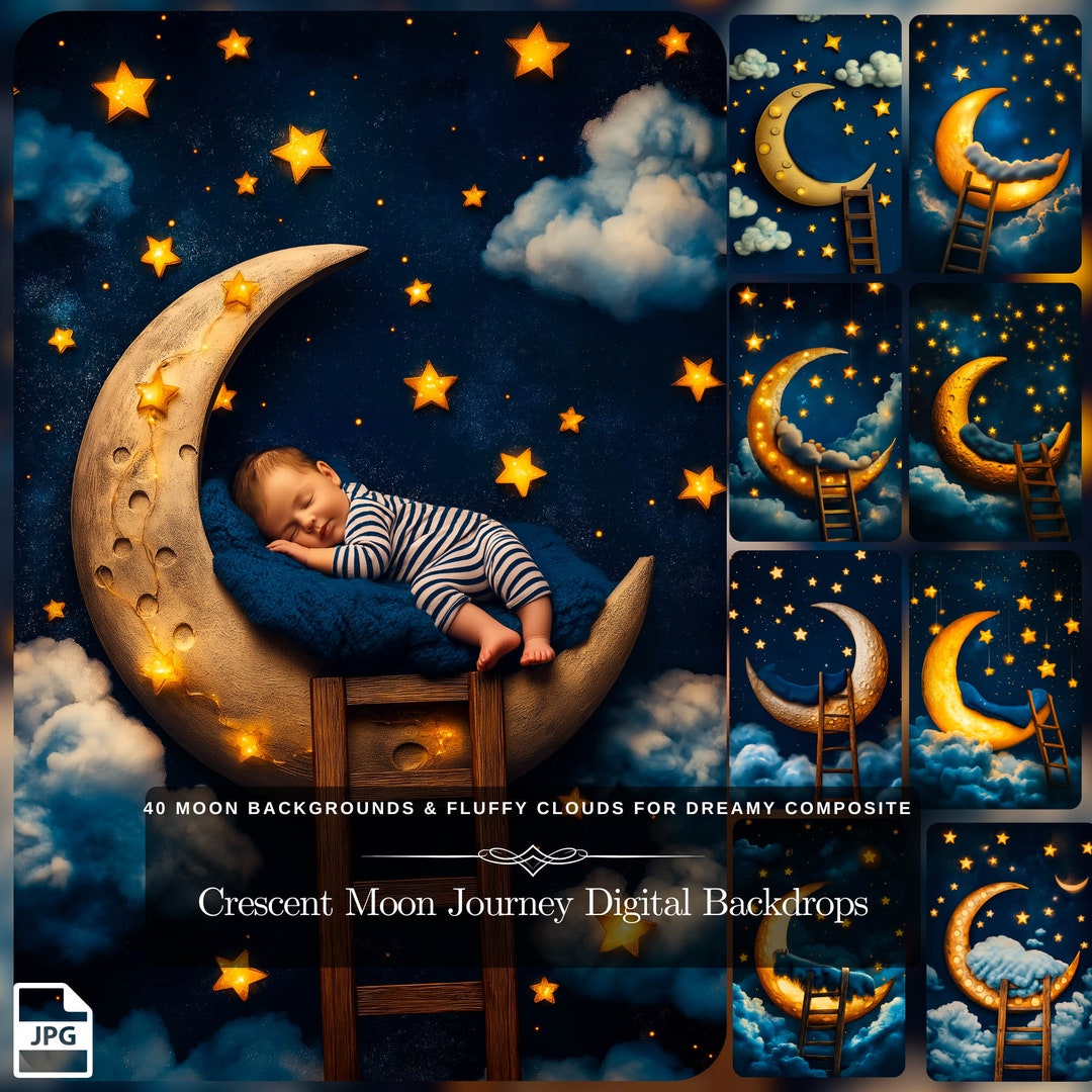 Crescent Moon Journey: 40 Digital Download Art Backdrops With Moon ...