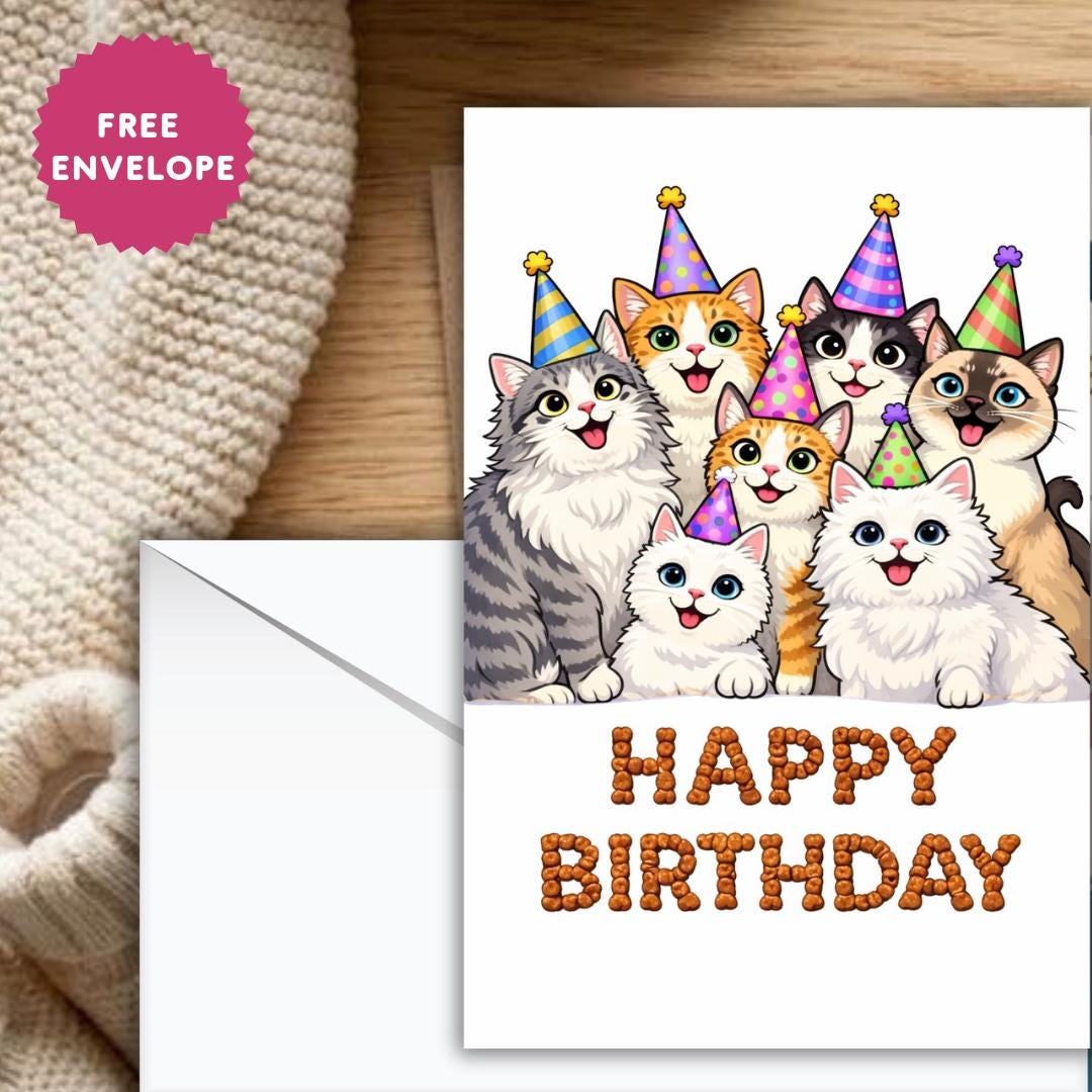 Funny Cat Birthday Greeting Card, Meme Cats Party Card, Cat Lover ...