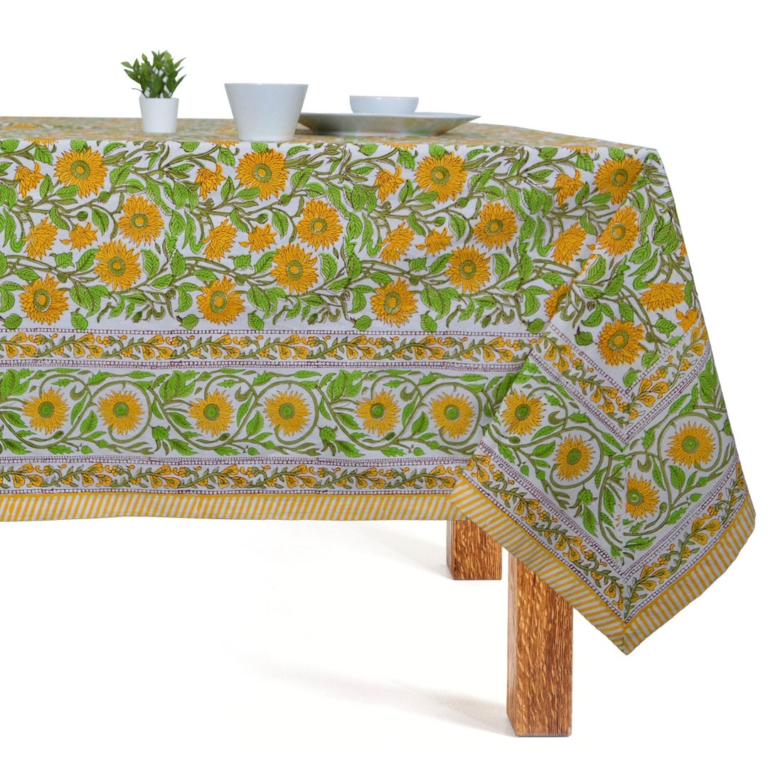Mustard Yellow Indian Block Print Tablecloth, Floral Cotton Table Cover ...