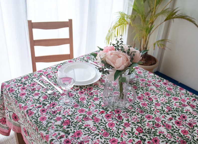 Pink Cotton Tablecloth With Hand Block Printed Floral Pattern, Indian ...