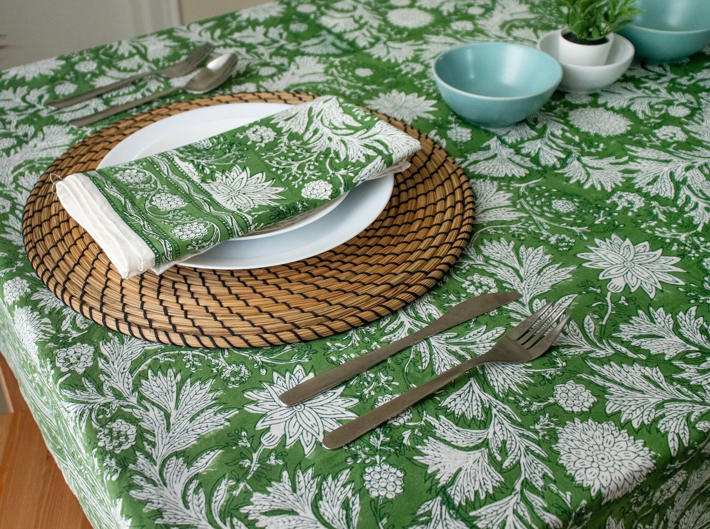 Green Floral Tablecloth, Hand Block Print Cotton Dining Linen - Etsy