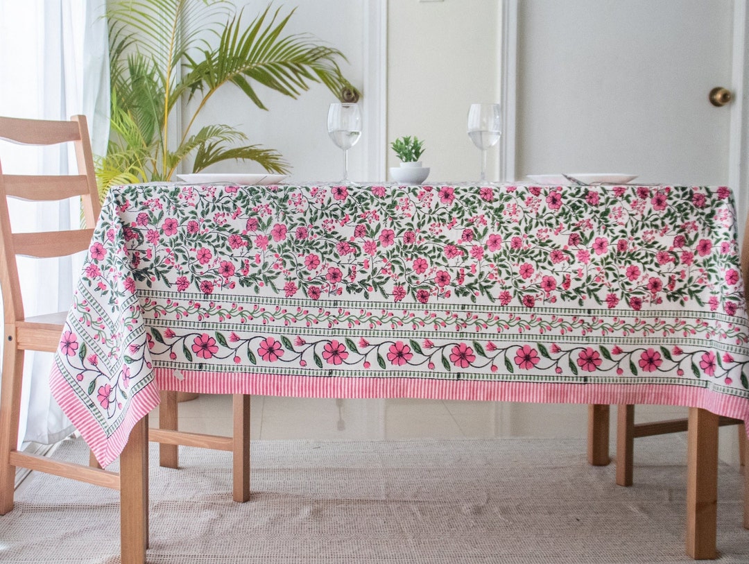 Pink Cotton Tablecloth With Hand Block Printed Floral Pattern, Indian ...
