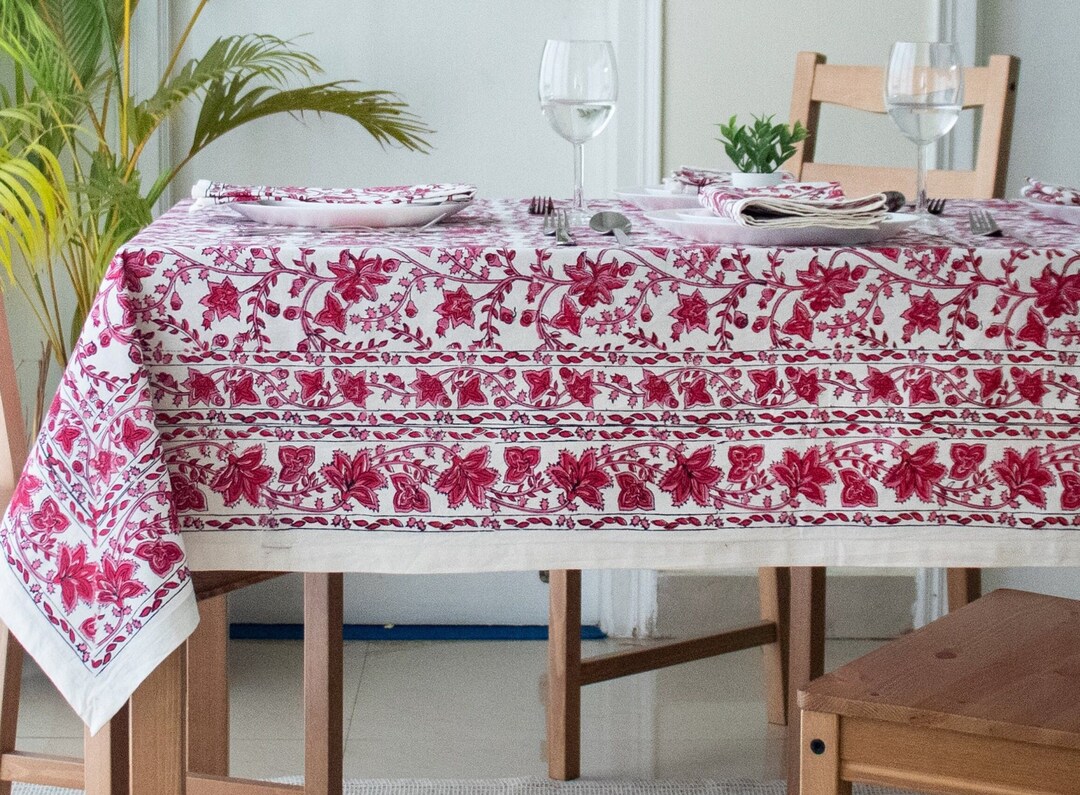 Red Floral Hand Block Print Tablecloth: Vintage French Style Cotton ...
