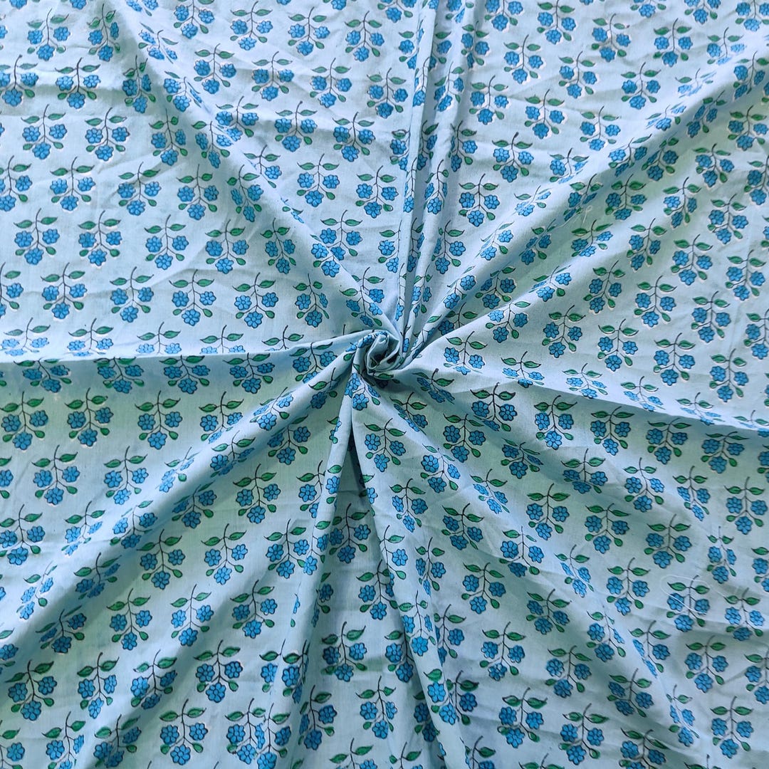 Floral Block Print Cotton Fabric – Light Blue, Indian Sewing Quilting ...