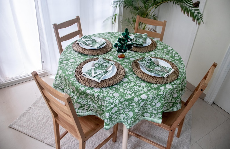 Green Floral Tablecloth, Hand Block Print Cotton Dining Linen - Etsy