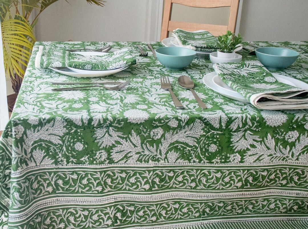 Green Floral Tablecloth, Hand Block Print Cotton Dining Linen - Etsy