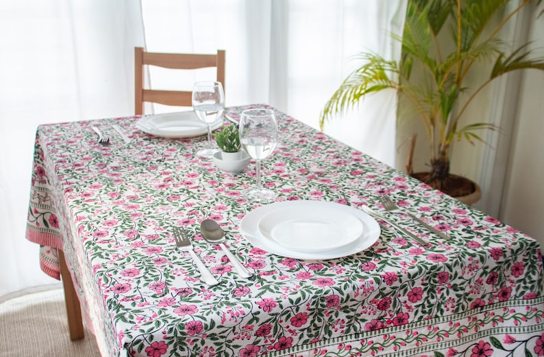Pink Cotton Tablecloth With Hand Block Printed Floral Pattern, Indian ...