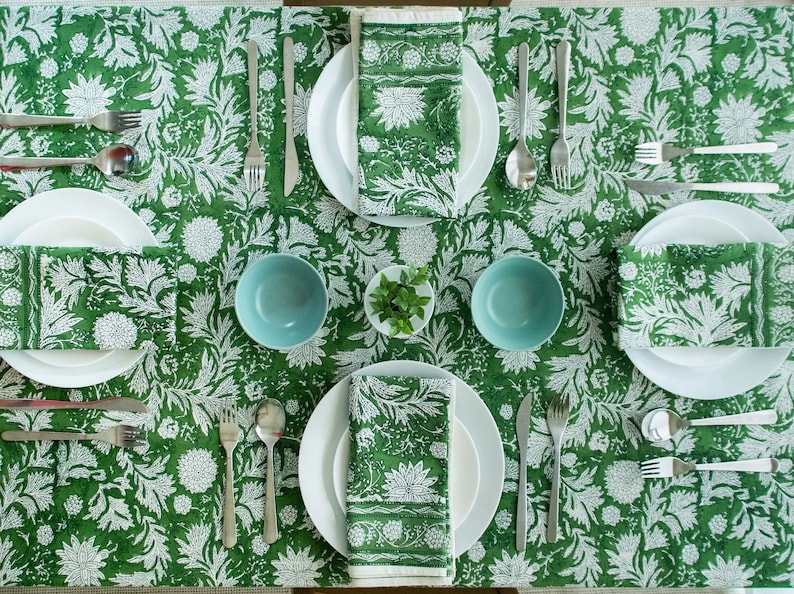 Green Floral Tablecloth, Hand Block Print Cotton Dining Linen - Etsy