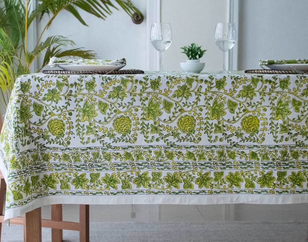 Cotton Block Print Tablecloth, Green, Handmade Vintage Tablecloth ...